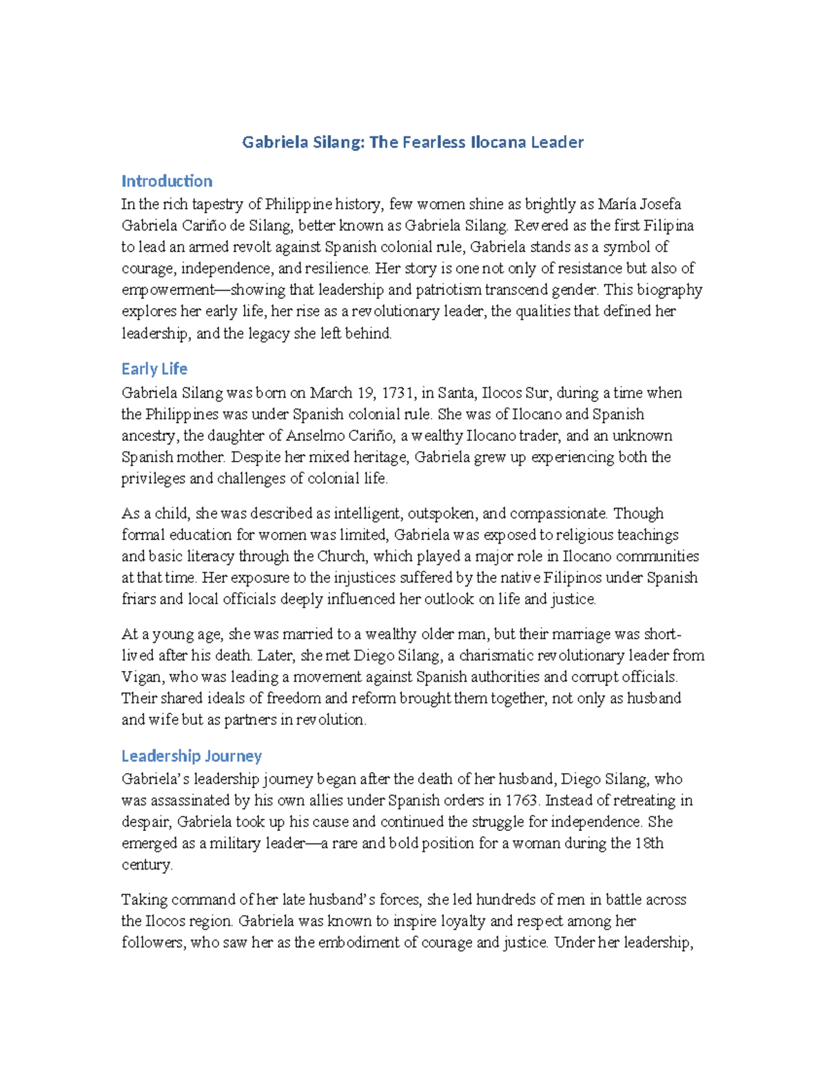 Gabriela Silang: A Fearless Ilocana Leader's Biography - Studocu