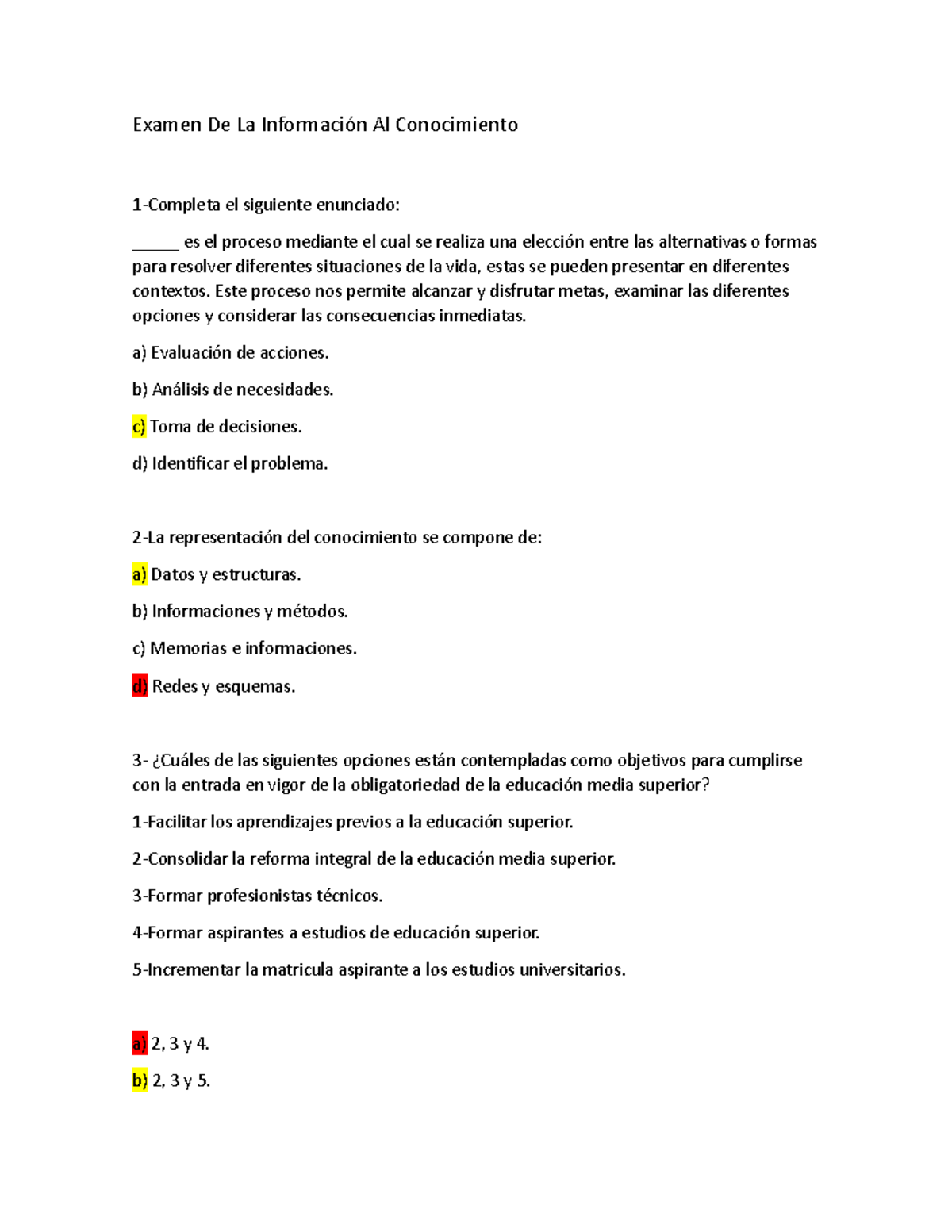 Examen de Información y Conocimiento: Preguntas y Respuestas - Studocu