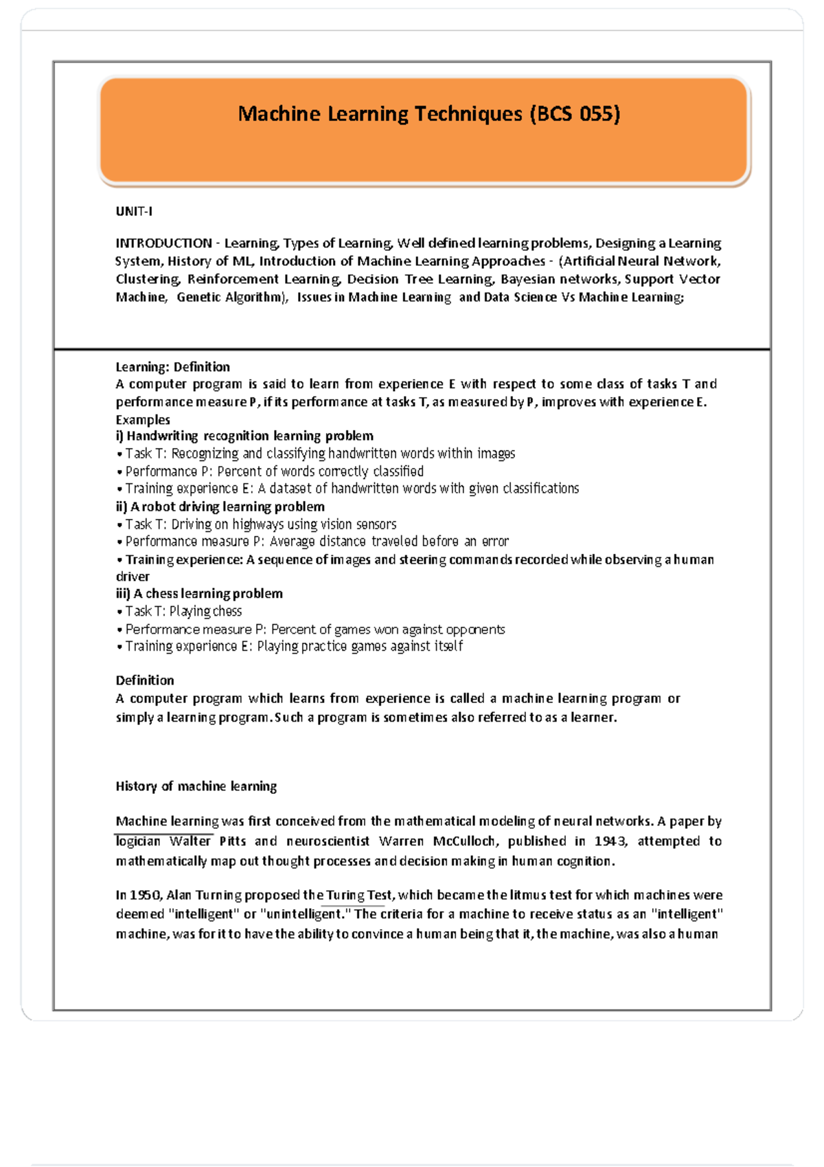 Machine Learning Techniques Overview (BCS 055) - Studocu