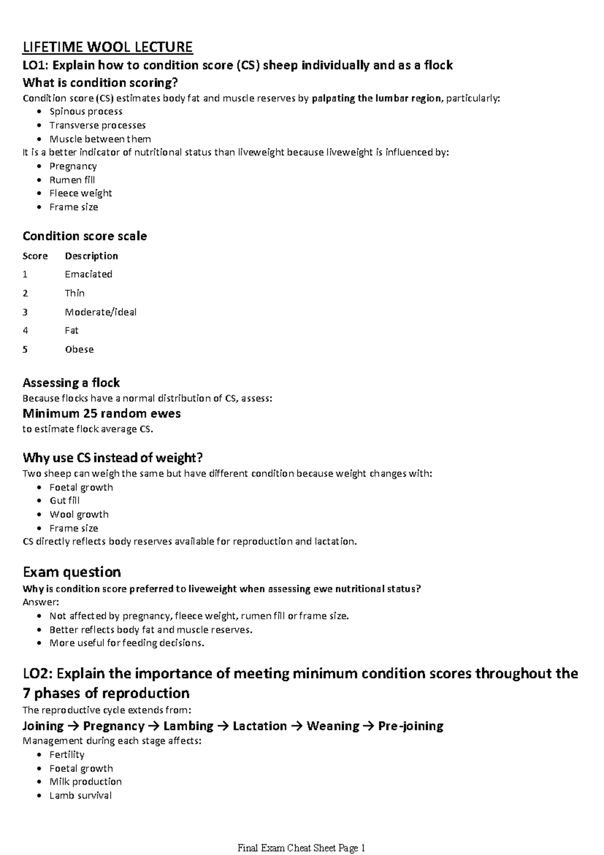 Lifetime Wool Lecture Notes: Condition Scoring & Reproductive ...