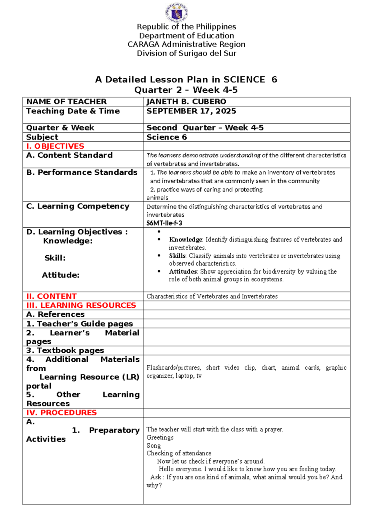 CO-SCI6 Q2W4 - Detailed Lesson Plan on Vertebrates & Invertebrates ...