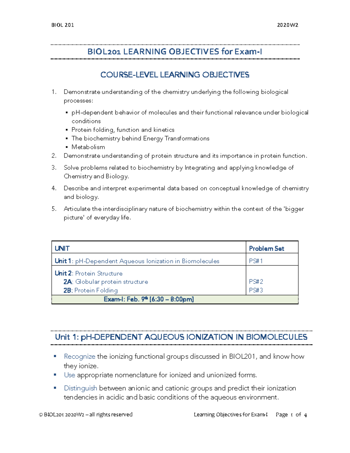 BIOL 201 Learning Objectives for Exam-I Jan20th2021 - BIOL201 LEARNING ...