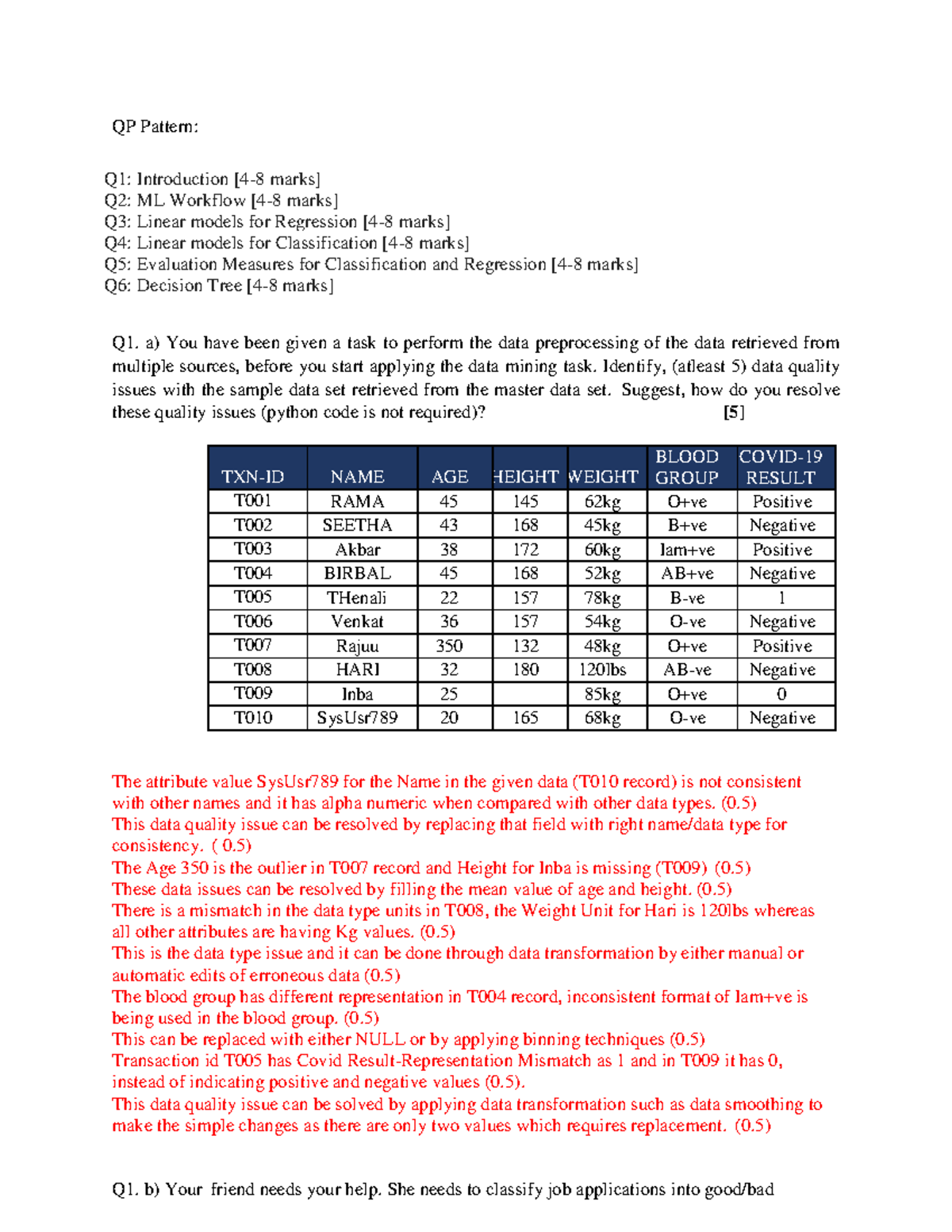 Sample QP for Mid-Sem Exam: Data Quality & ML Concepts - Studocu