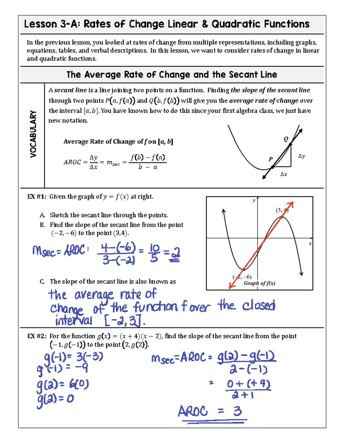 Notes 1.3R: Rates of Change in Linear & Quadratic Functions - Studocu