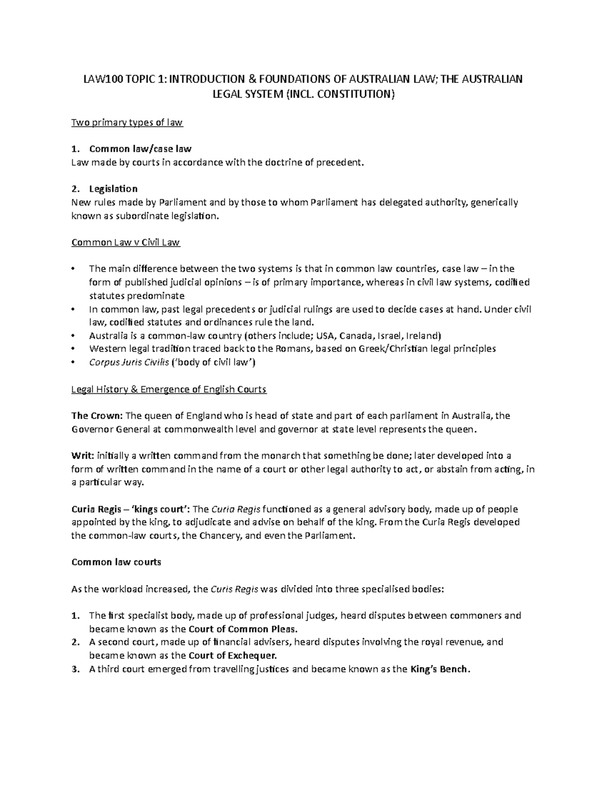 LAW100 Topic 1 Notes Introduction 2021 - LAW100 TOPIC 1: INTRODUCTION ...