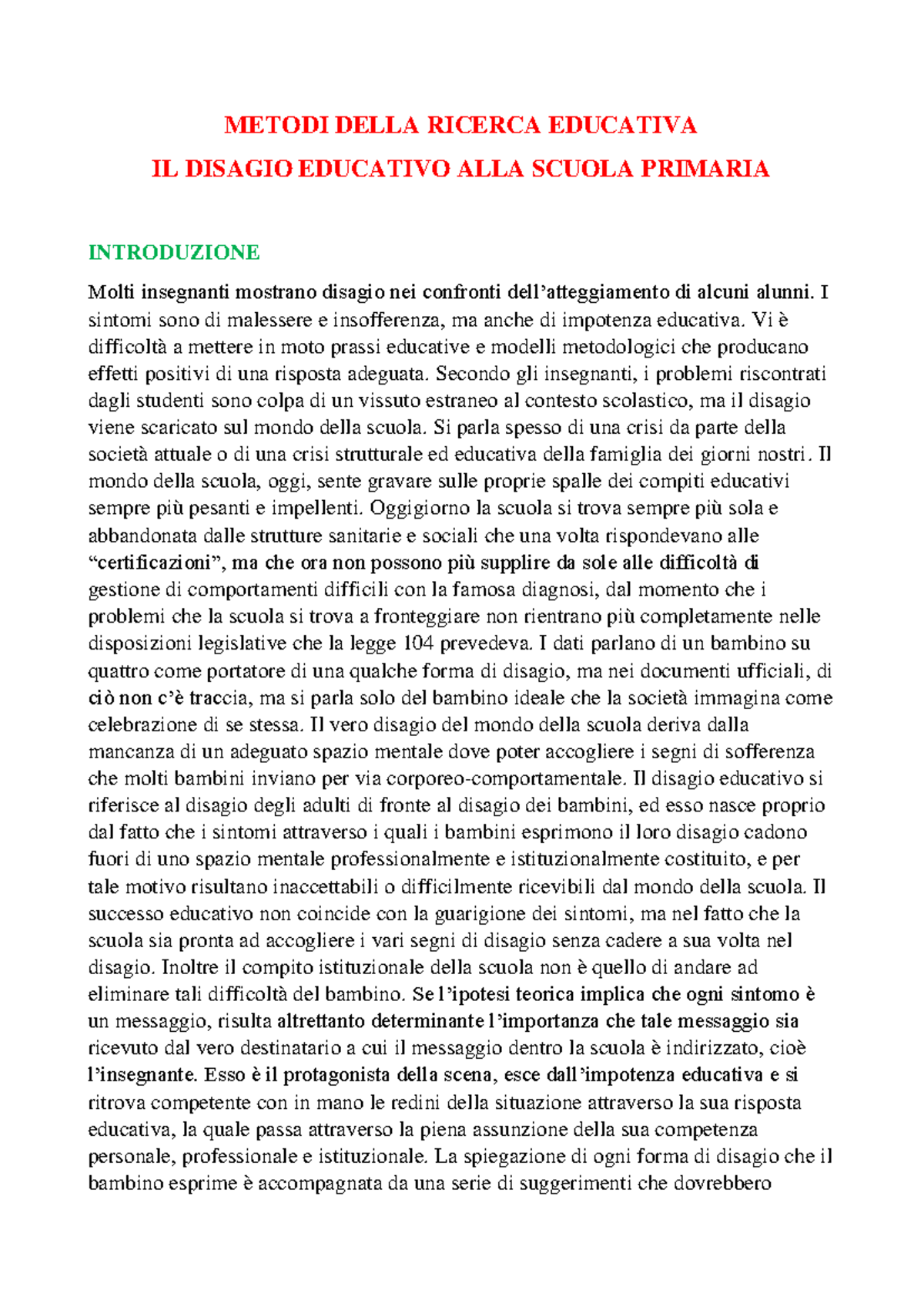 Metodi - Il disagio educativo alla scuola primaria - METODI DELLA ...