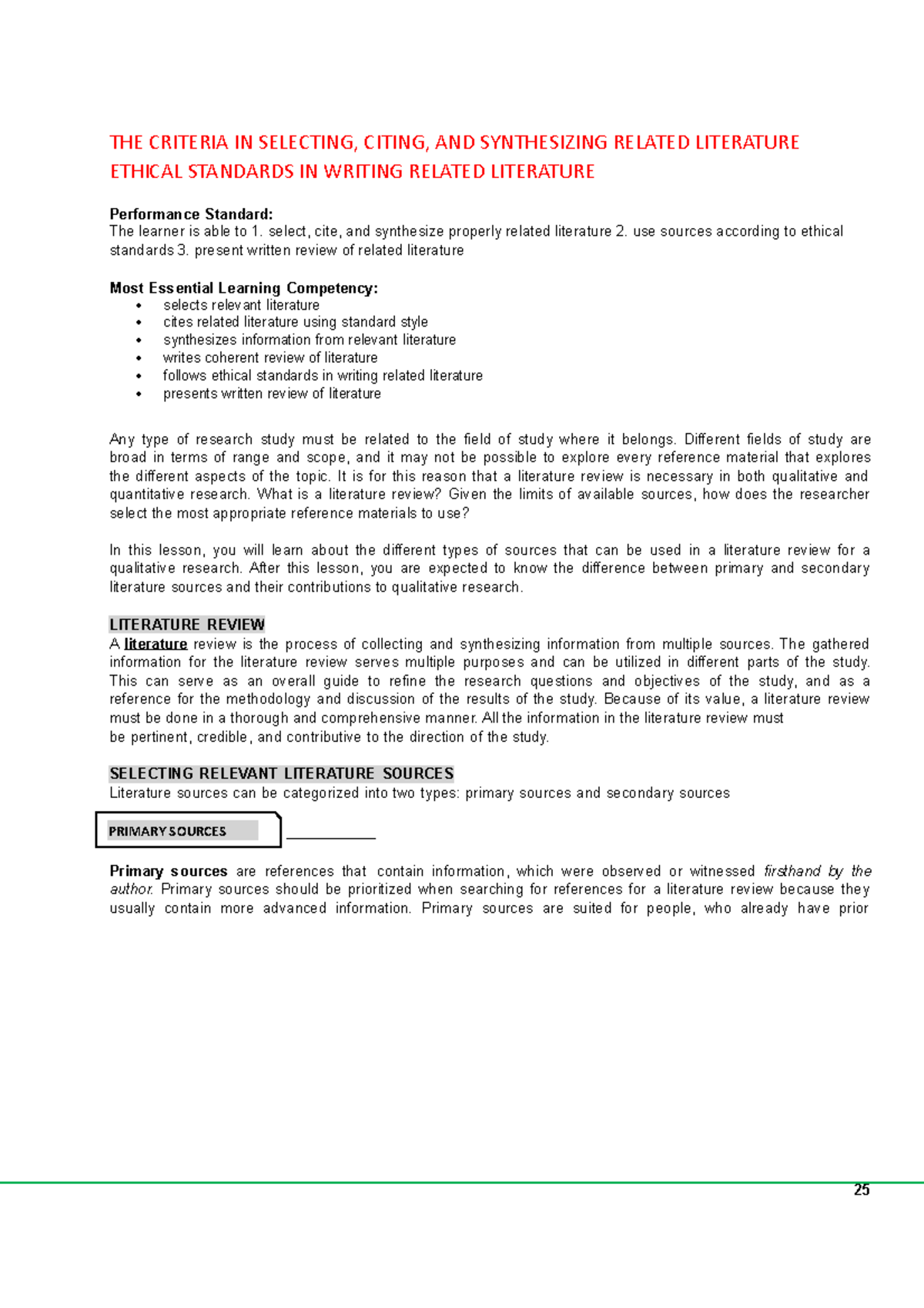 THE Criteria IN Selecting, Citing, AND Synthesizing Related Literature ...