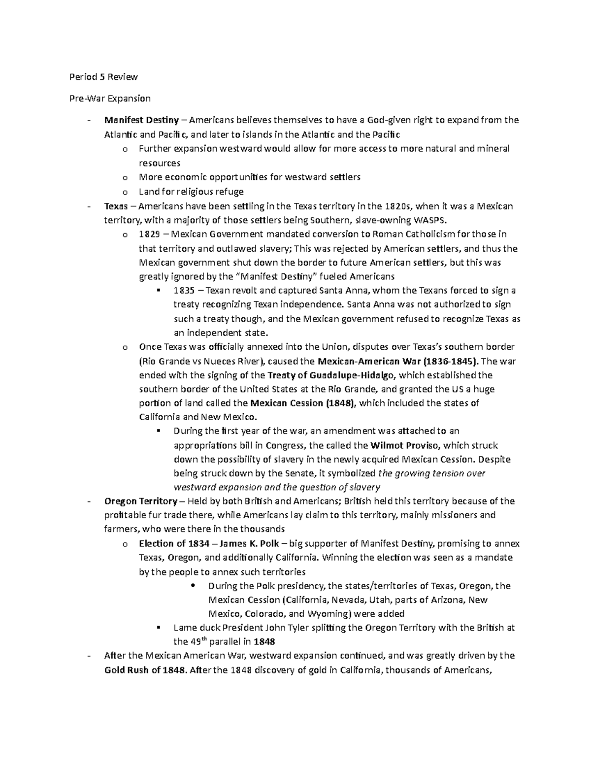Period 5 Review - Manifest Destiny and Pre-Civil War Tensions - Studocu