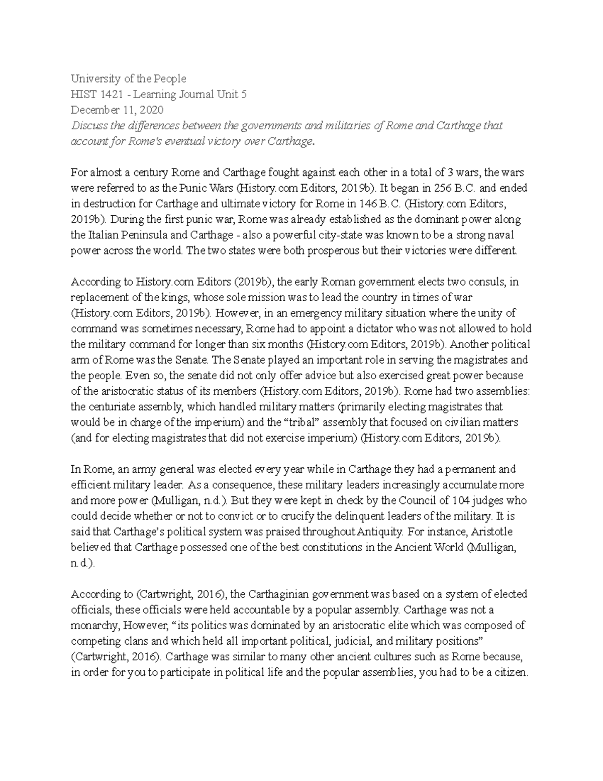 HIST 1421 - Analyzing Government and Military: Rome vs. Carthage - Studocu
