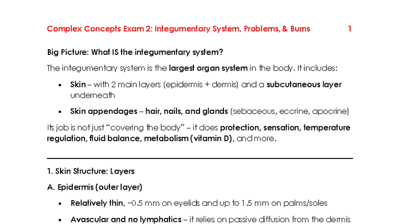 Week 2 Med Surg Review: Integumentary System, Problems & Burns - Studocu