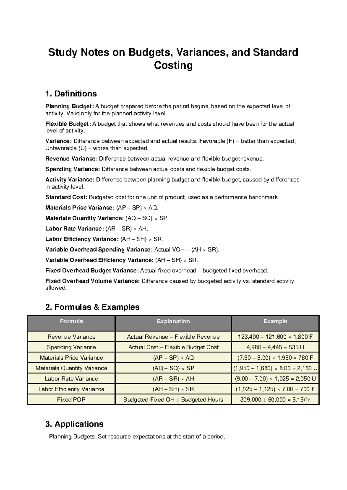 Study Notes on Budgeting, Variances, and Standard Costing Concepts ...
