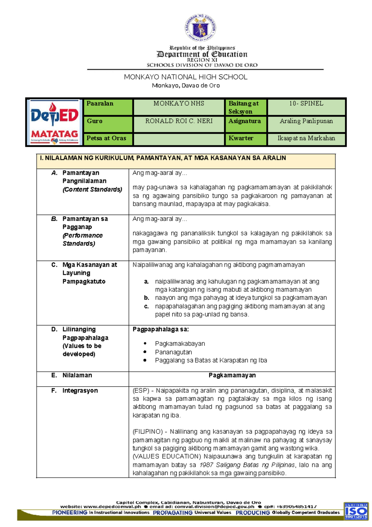 NERI-LP - Lesson Plan on Active Citizenship in Araling Panlipunan - Studocu