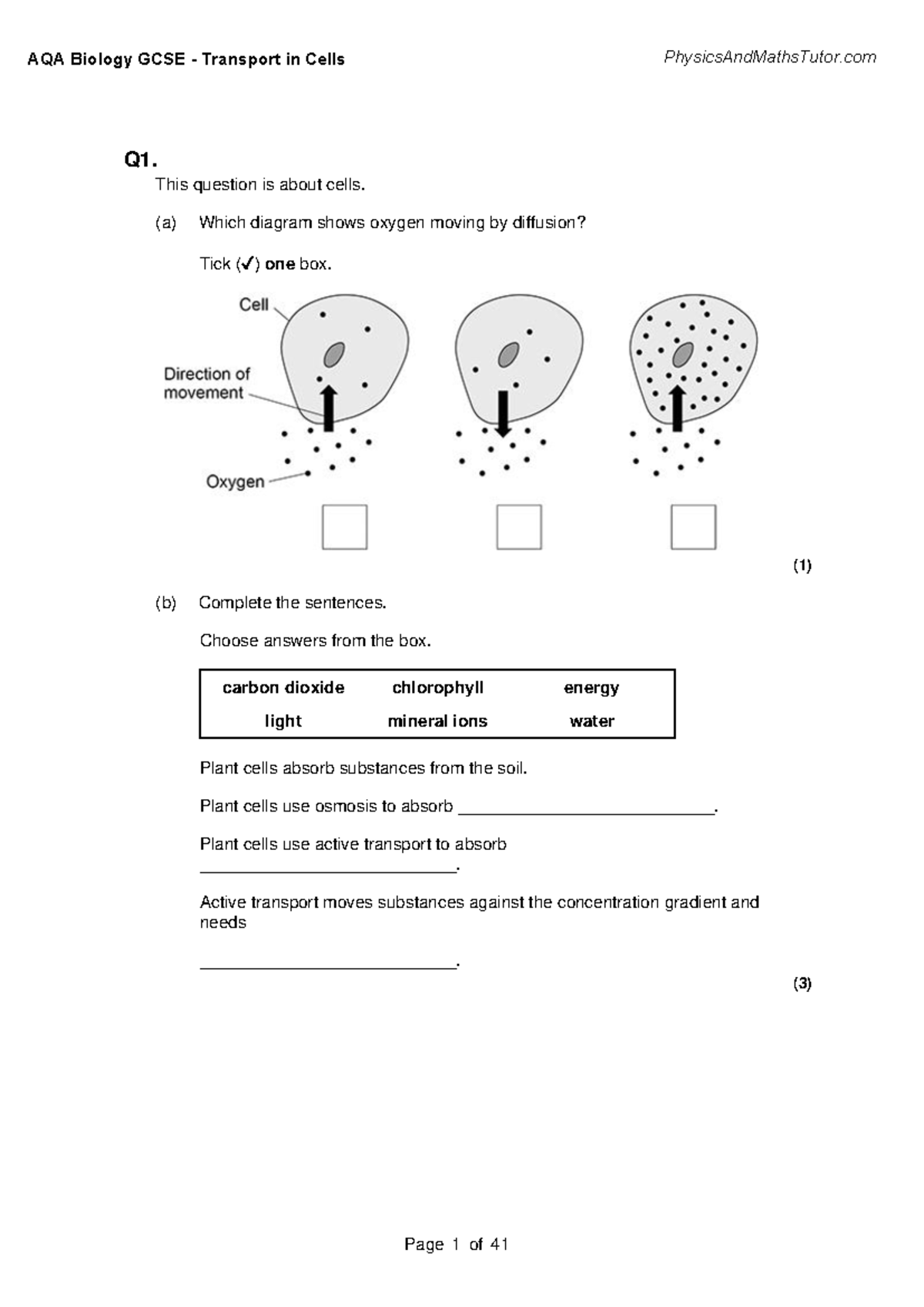AQA Biology GCSE Transport in Cells QP: Key Concepts and Exam Questions ...