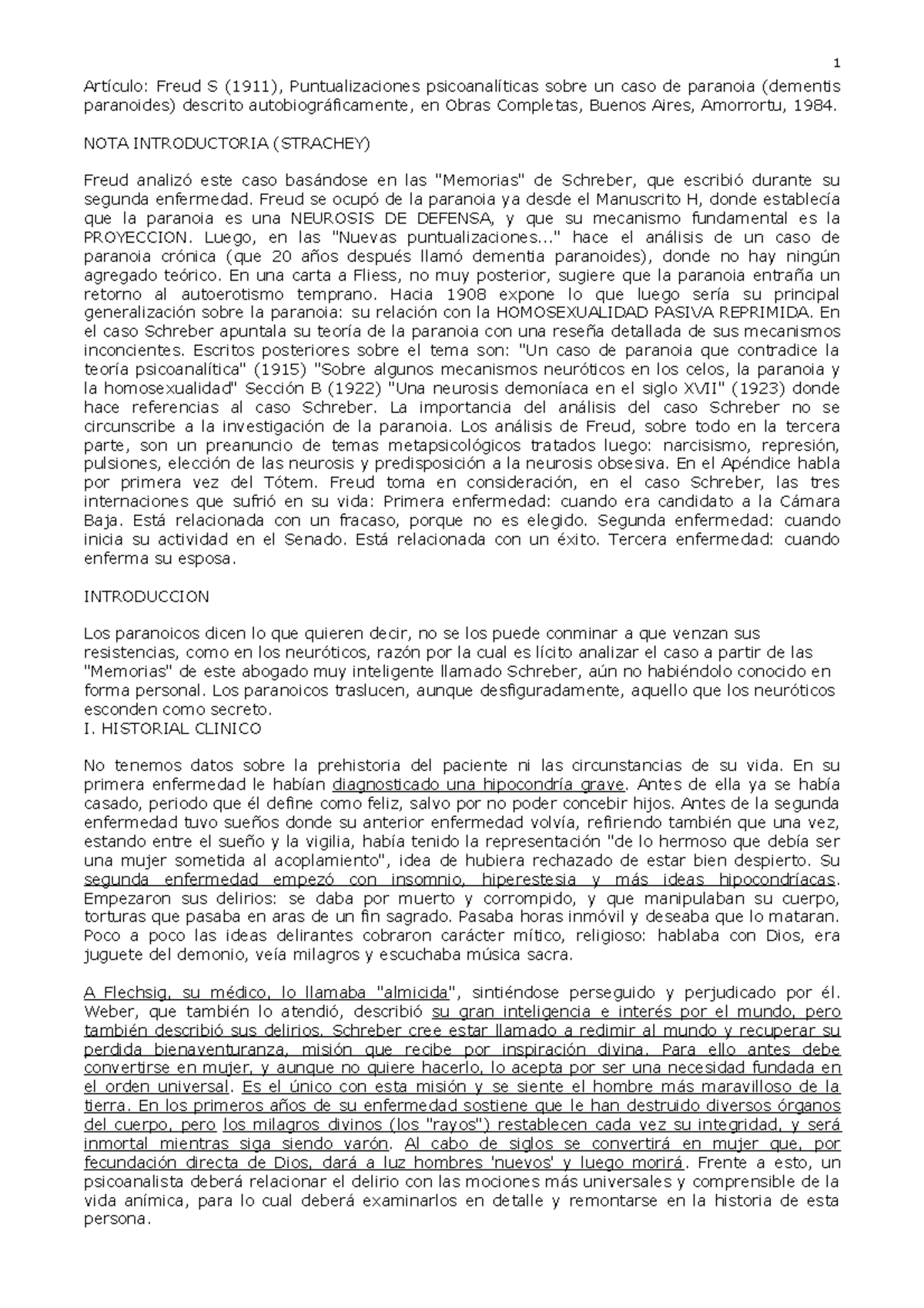 Resumen CASO Schreber psicopatologia II - Artículo: Freud S (1911 ...
