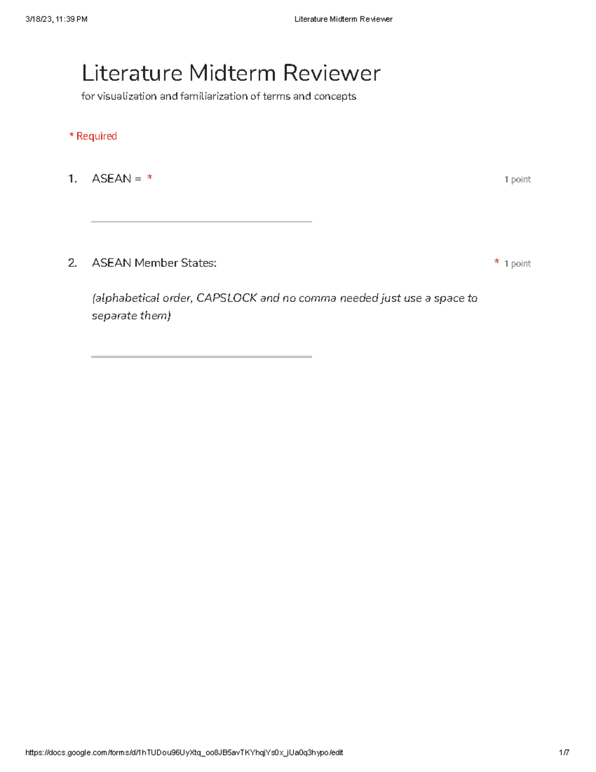 Literature - Google Forms - 1. 1 point 2. 1 point Literature Midterm ...