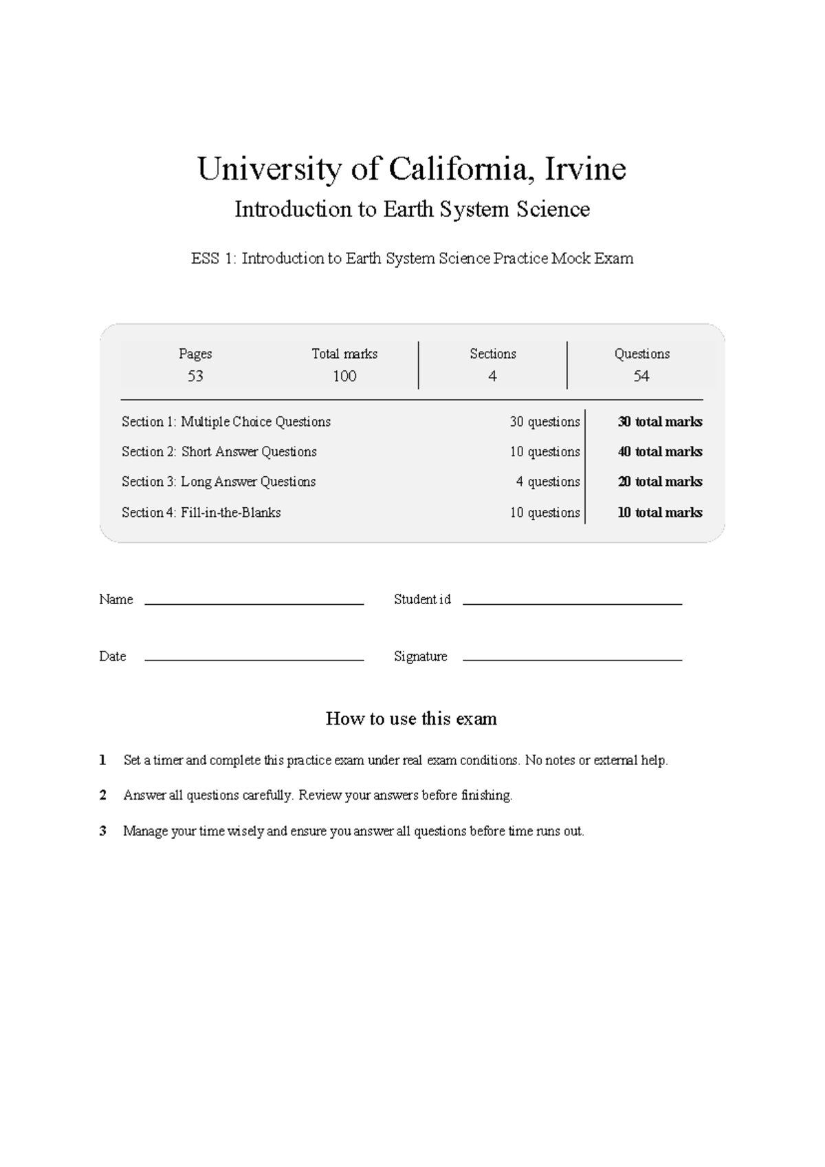 EARTHSS 1: UC Irvine Introduction to Earth System Science Practice Test ...