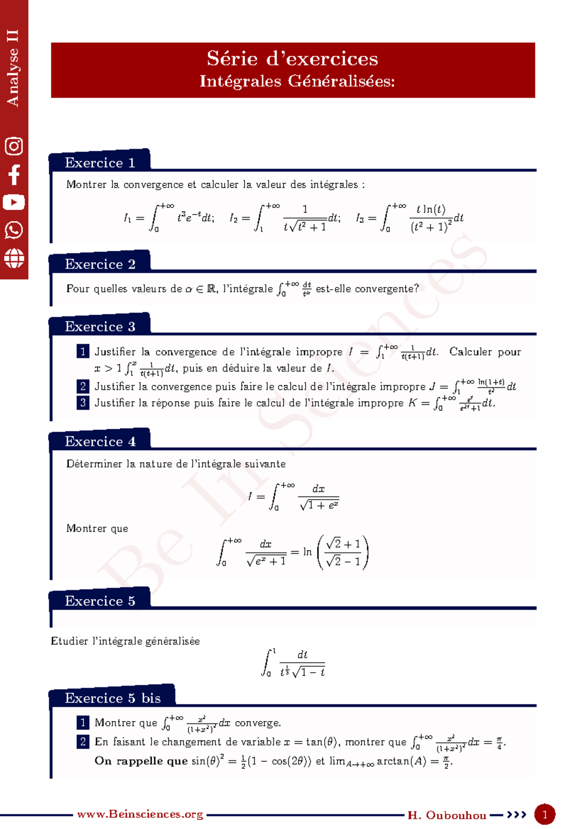 Analyse II TD3: Convergence et Calcul des Intégrales Généralisées 2024 ...