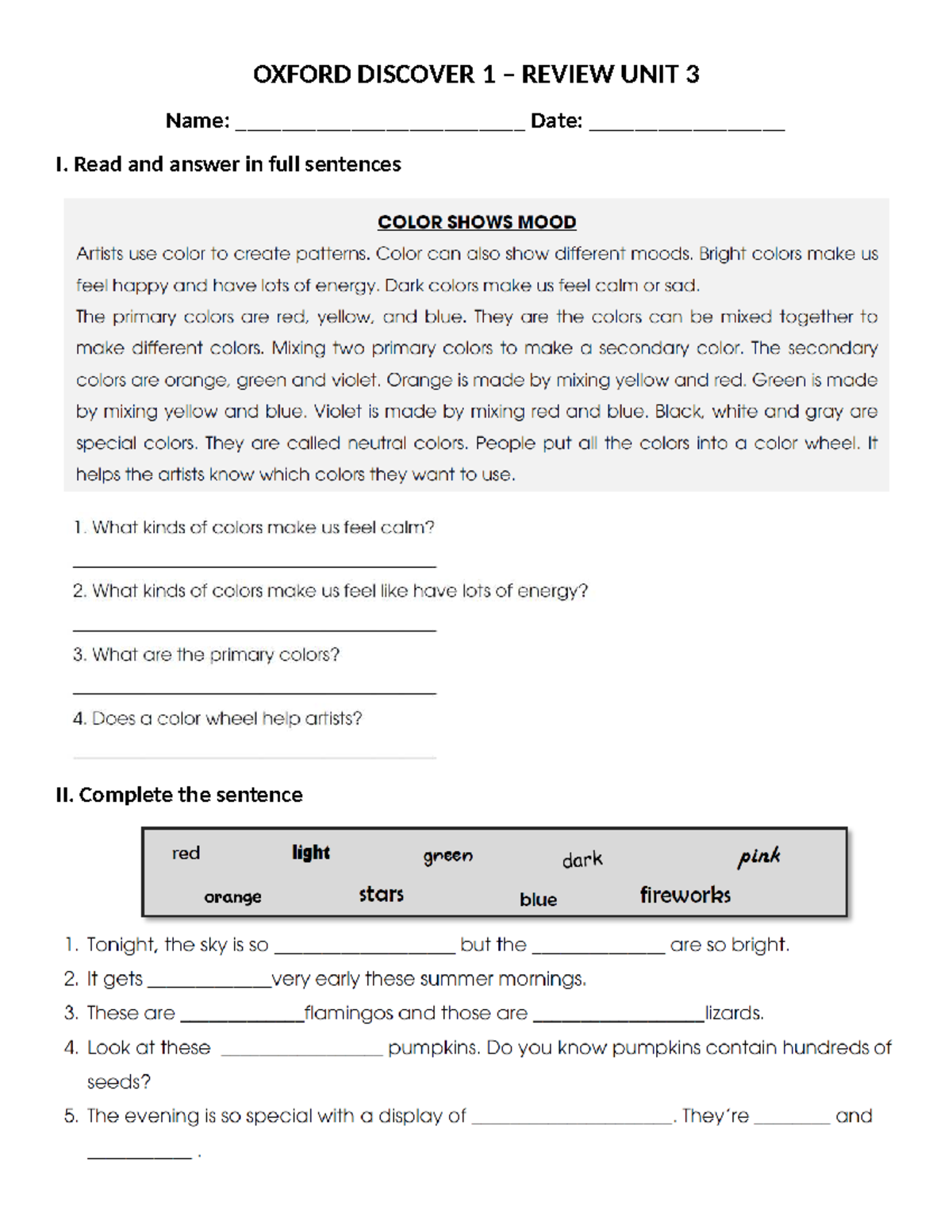 OXFORD DISCOVER 1 UNIT 3 REVIEW AND EXERCISES - Studocu
