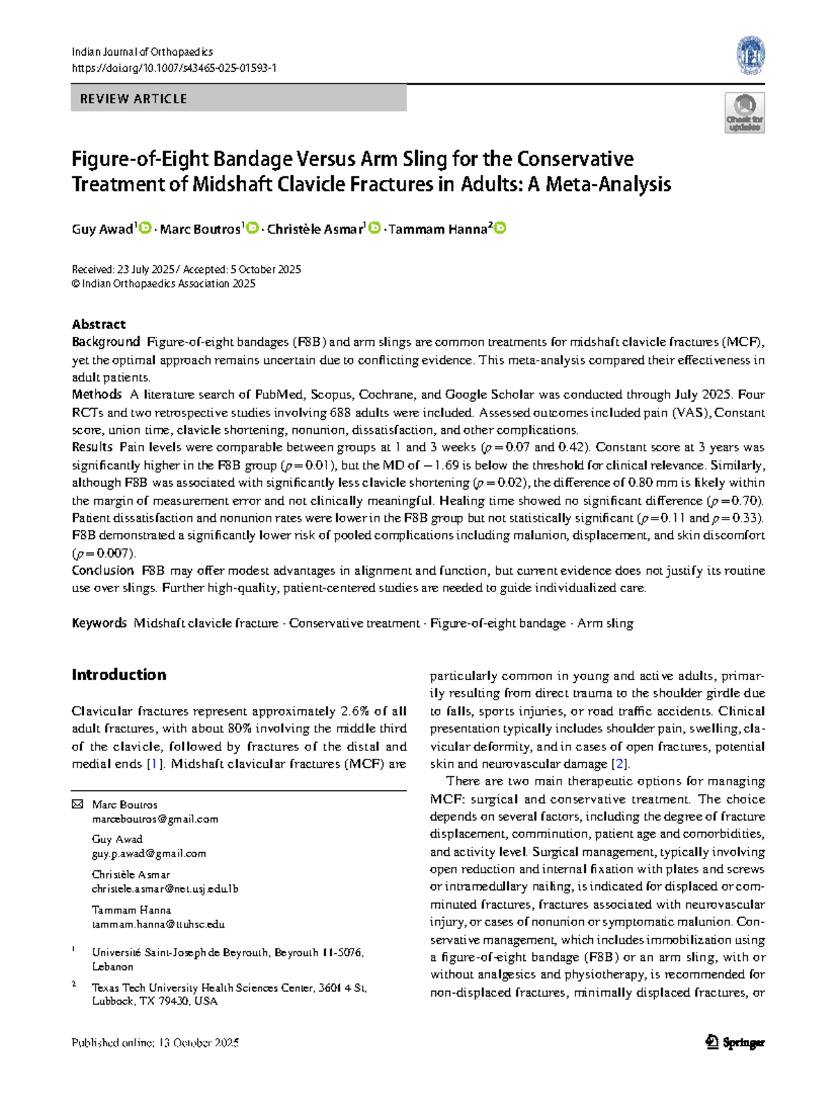F8B vs Arm Sling: Meta-Analysis on Midshaft Clavicle Fractures ...