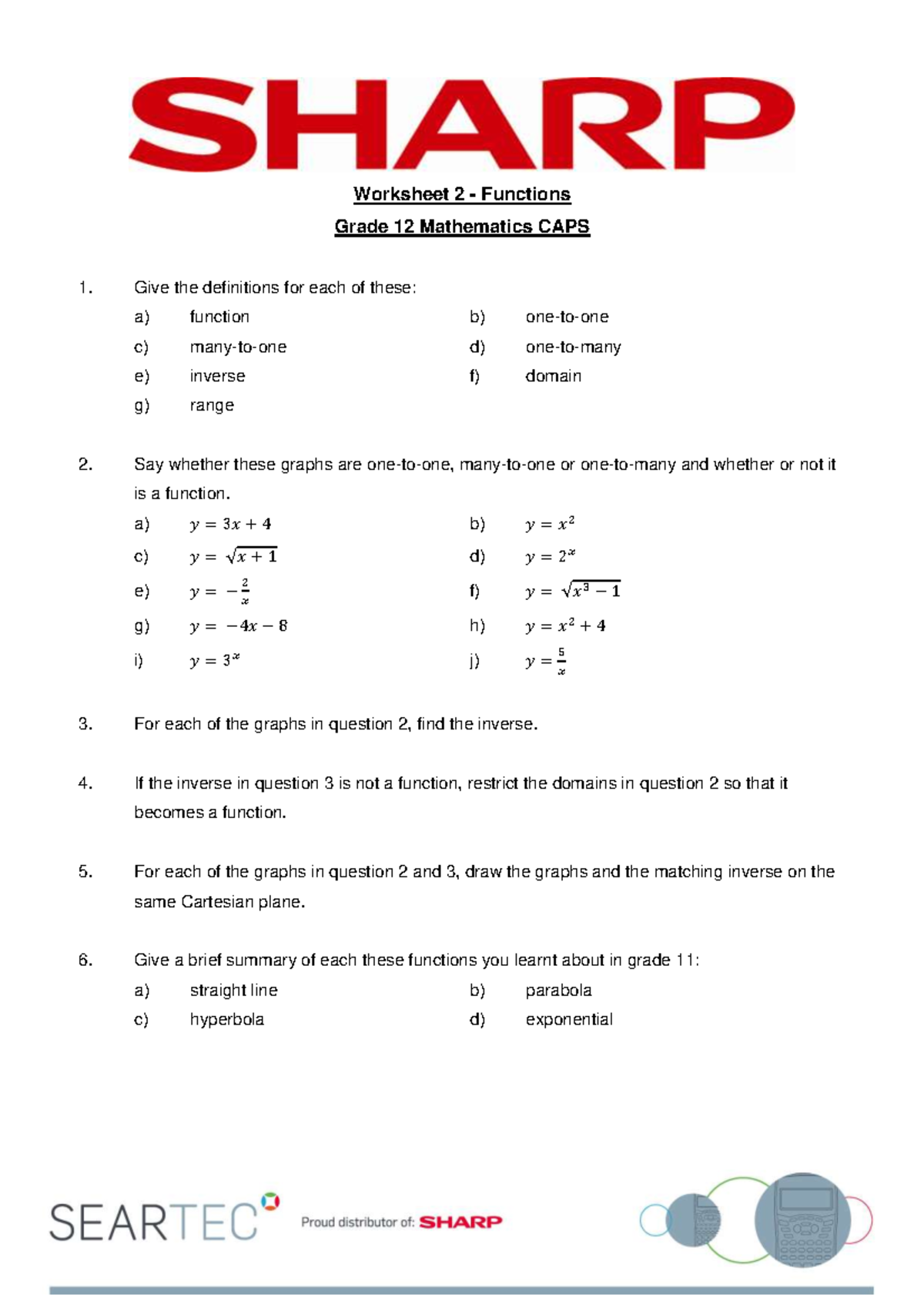 Worksheet 2 Functions grade 12 Maths - Worksheet 2 - Functions Grade 12 ...