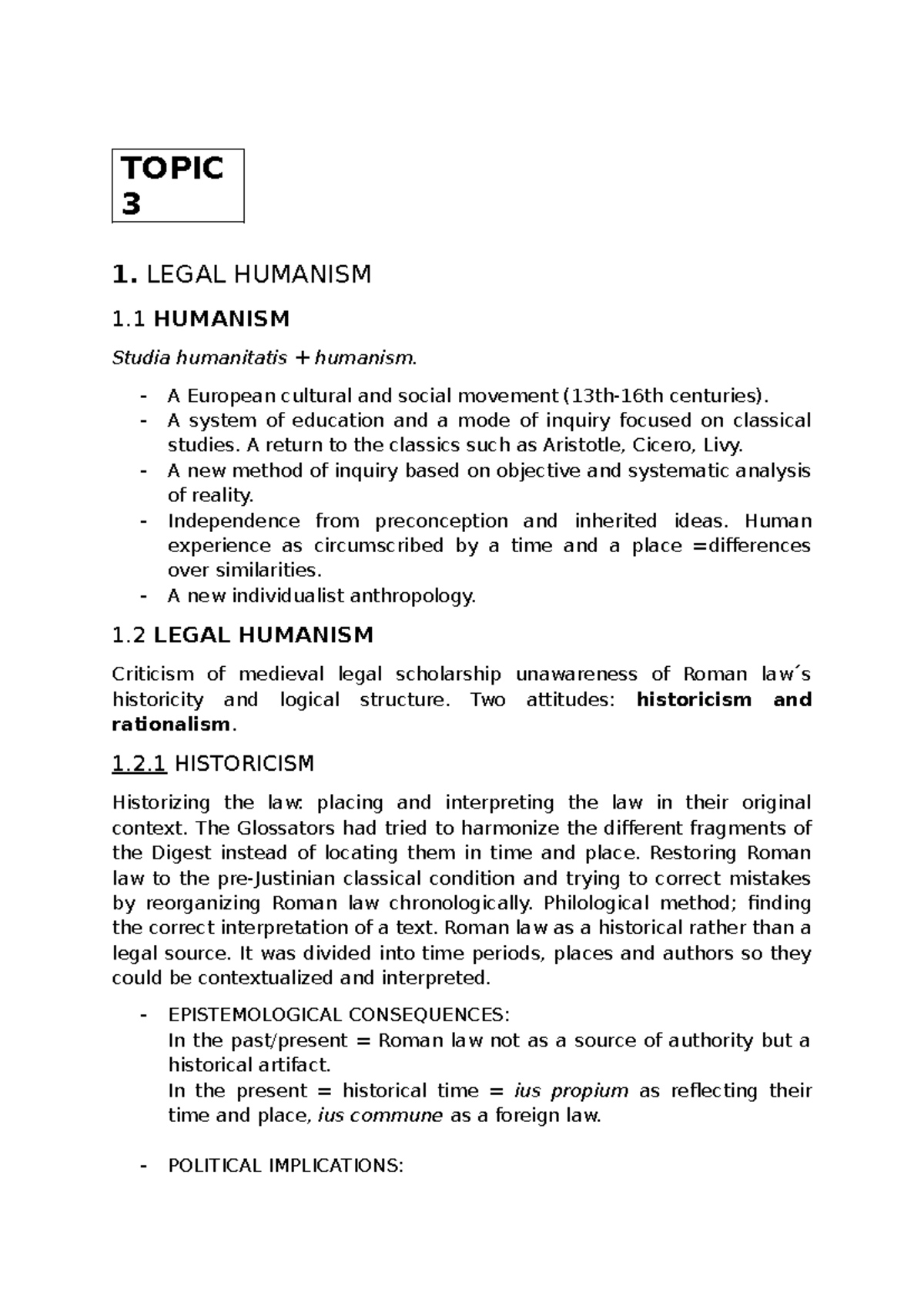 Topic 3 - Teacher Victor - TOPIC 3 1. LEGAL HUMANISM 1 HUMANISM Studia ...