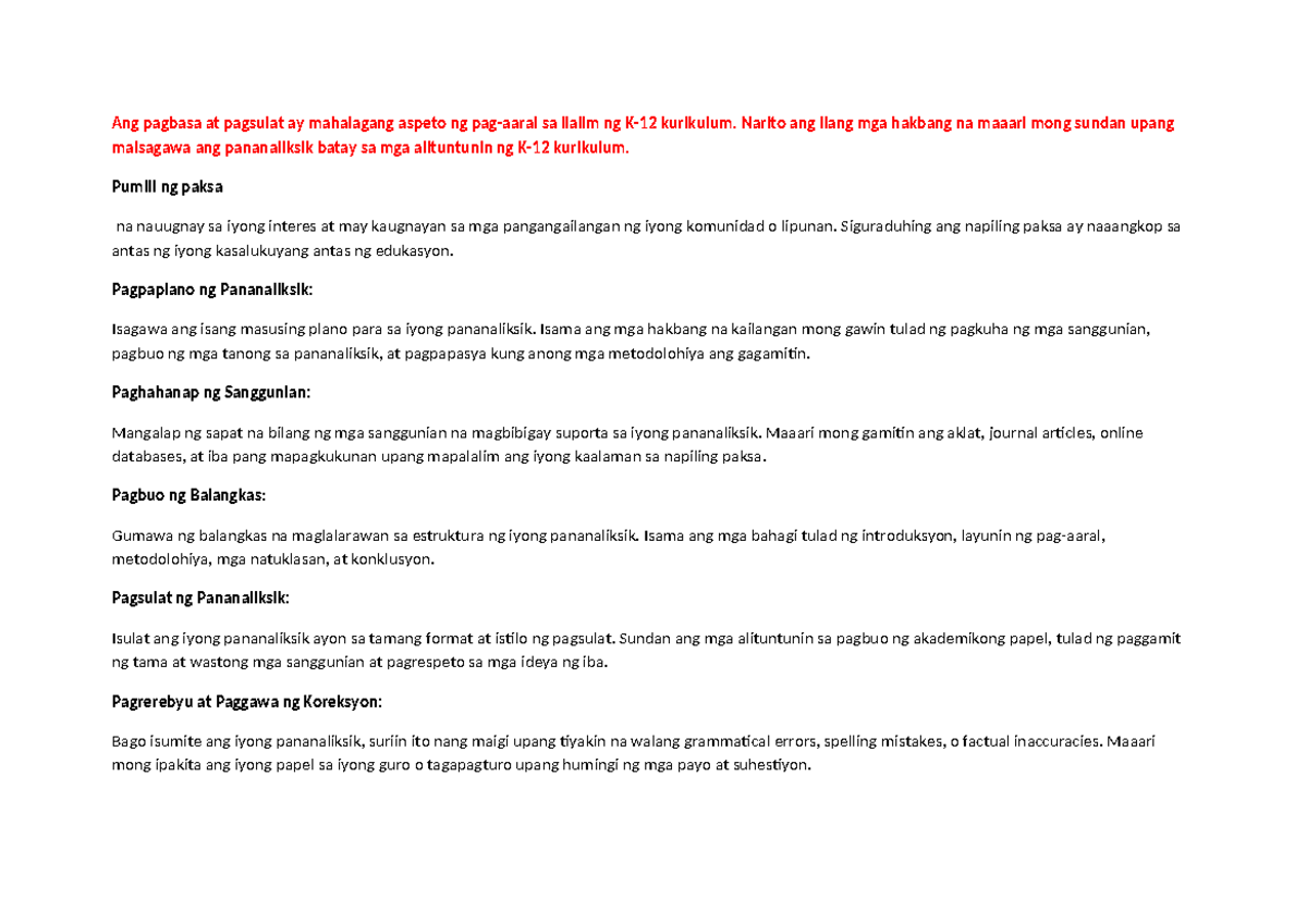 REVIEWER AND NOTES - Ang pagbasa at pagsulat ay mahalagang aspeto ng ...