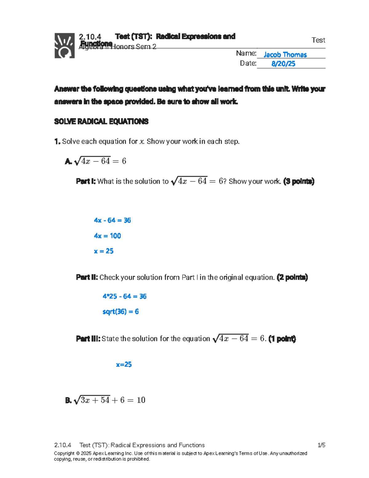 2.10.4 Test (TST): Radical Expressions & Functions Algebra II Honors ...