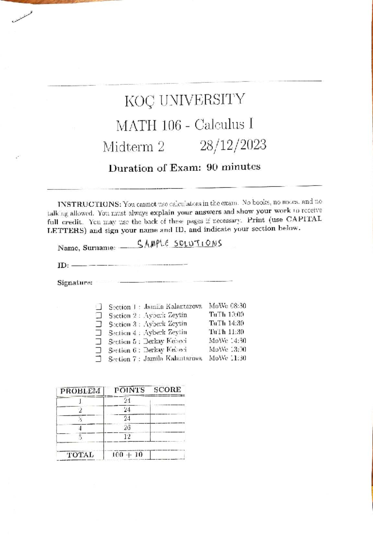 KOÇ UNIVERSITY MATH 106 Calculus I Midterm 2 Practice Material - Studocu