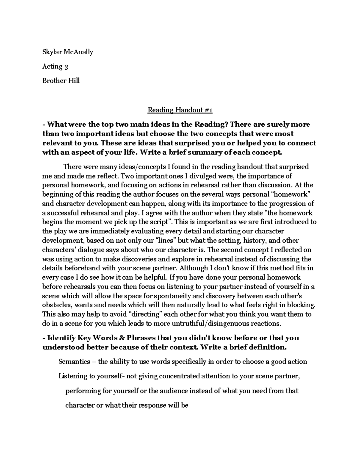 Acting 3 Reading Handout 1 - Key Concepts & Reflections on Rehearsal ...