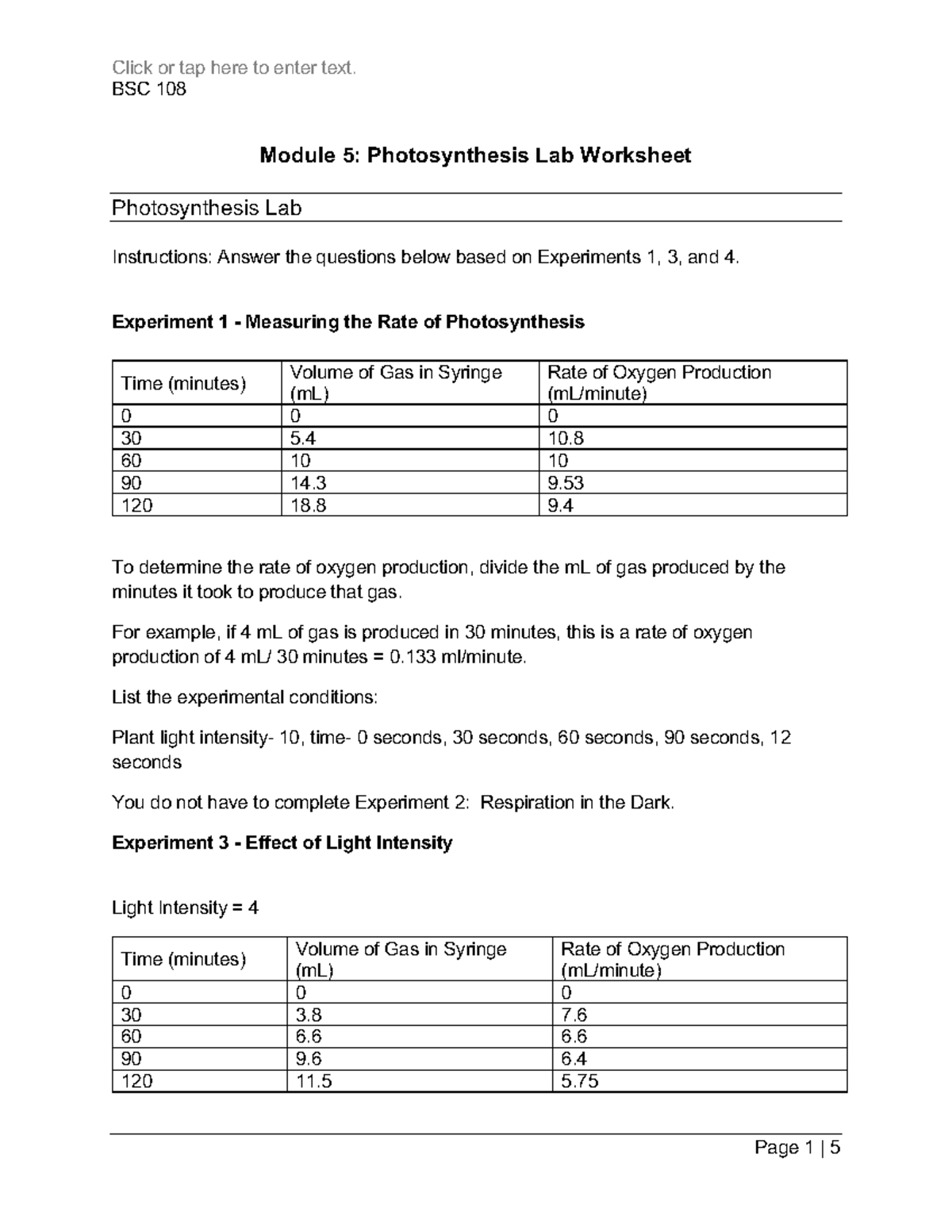 BSC 108 Lab 5: Worksheet on Photosynthesis and Oxygen Production - Studocu
