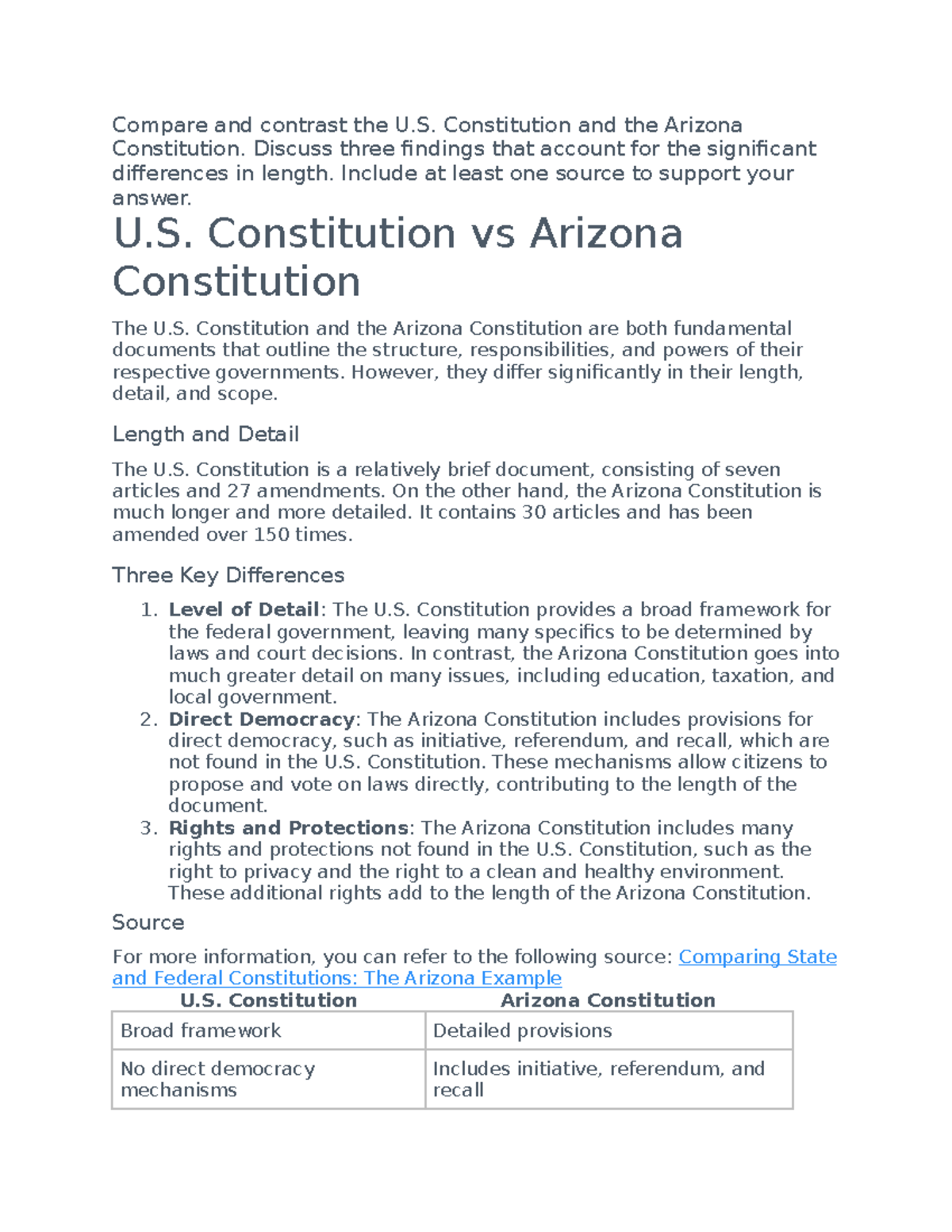 Comparative Analysis of U.S. Constitution & Arizona Constitution DQ-2 ...