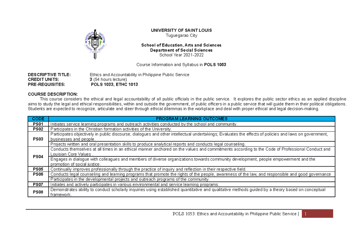POLS 1053 Course Syllabus: Ethics & Accountability in Public Service - Studocu