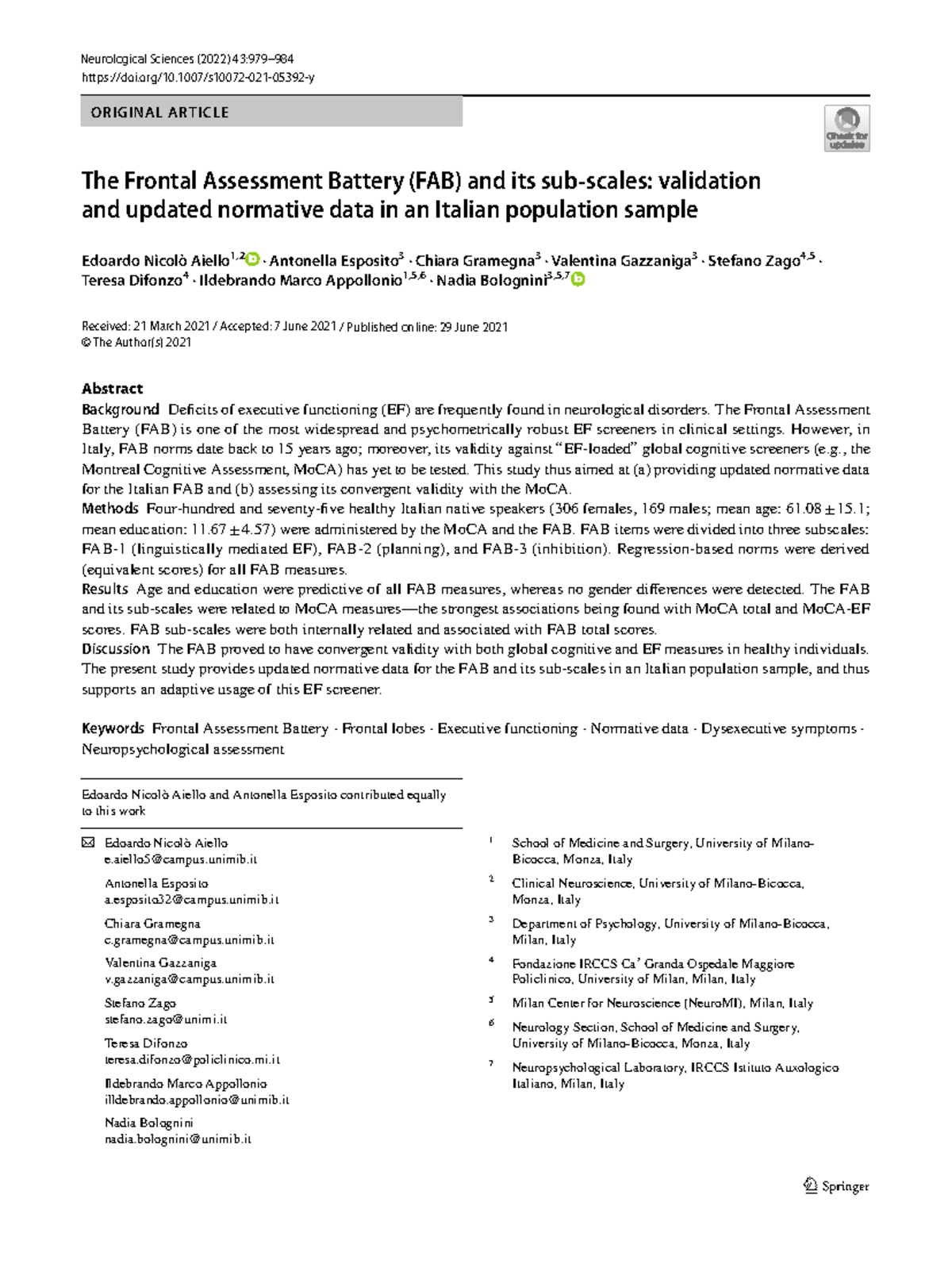 Validation of the Frontal Assessment Battery (FAB) in Italy: Norms ...