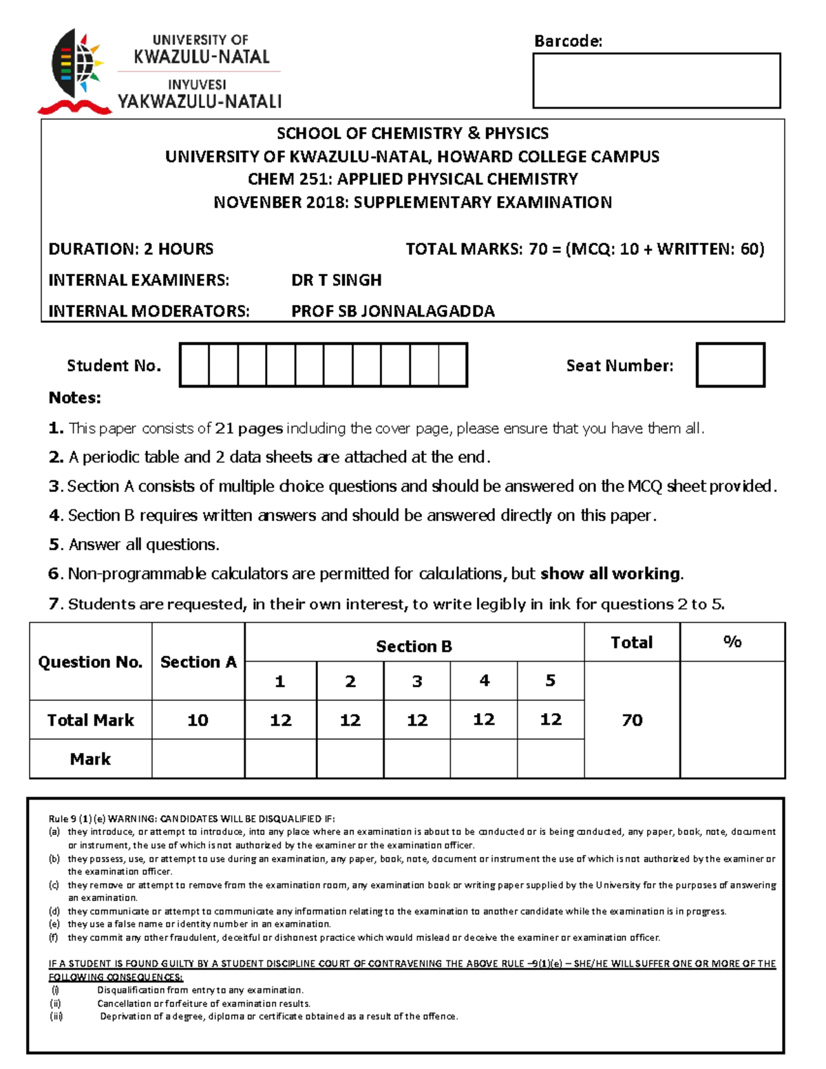 CHEM 251: Nov 2018 Supplementary Exam Questions - Studocu