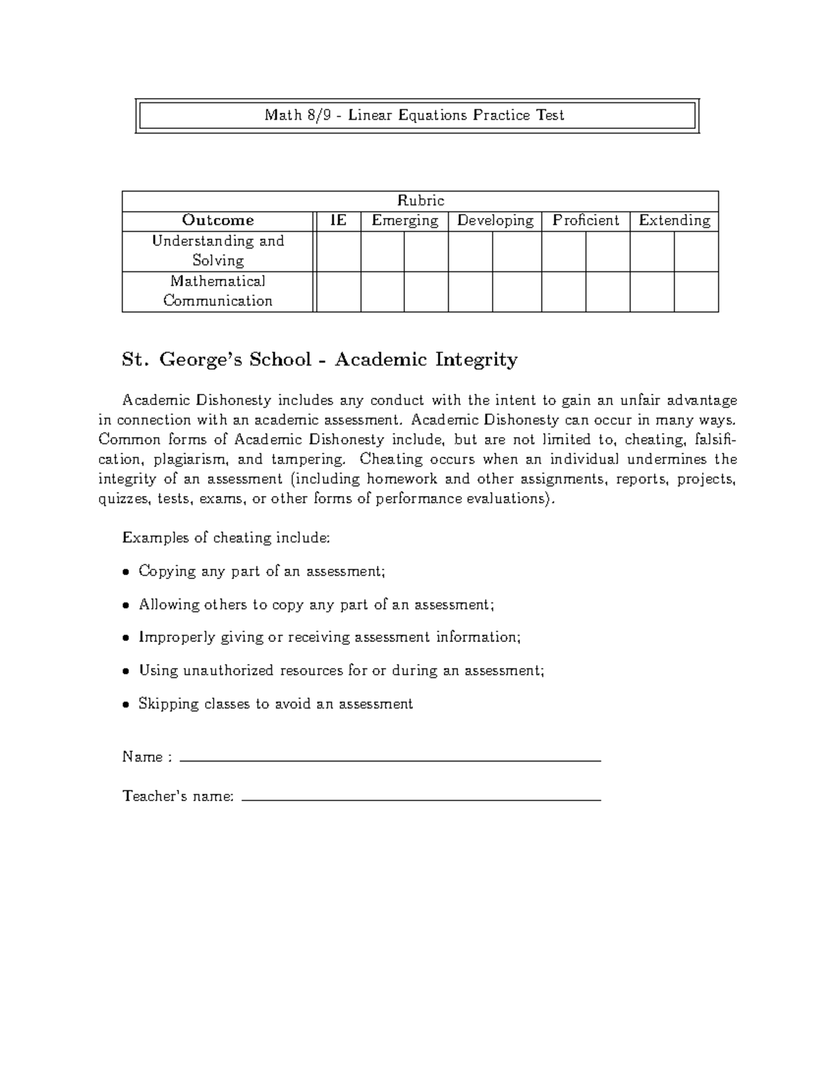 Linear Equations Practice Test Key (IE) - Understanding & Solving - Studocu