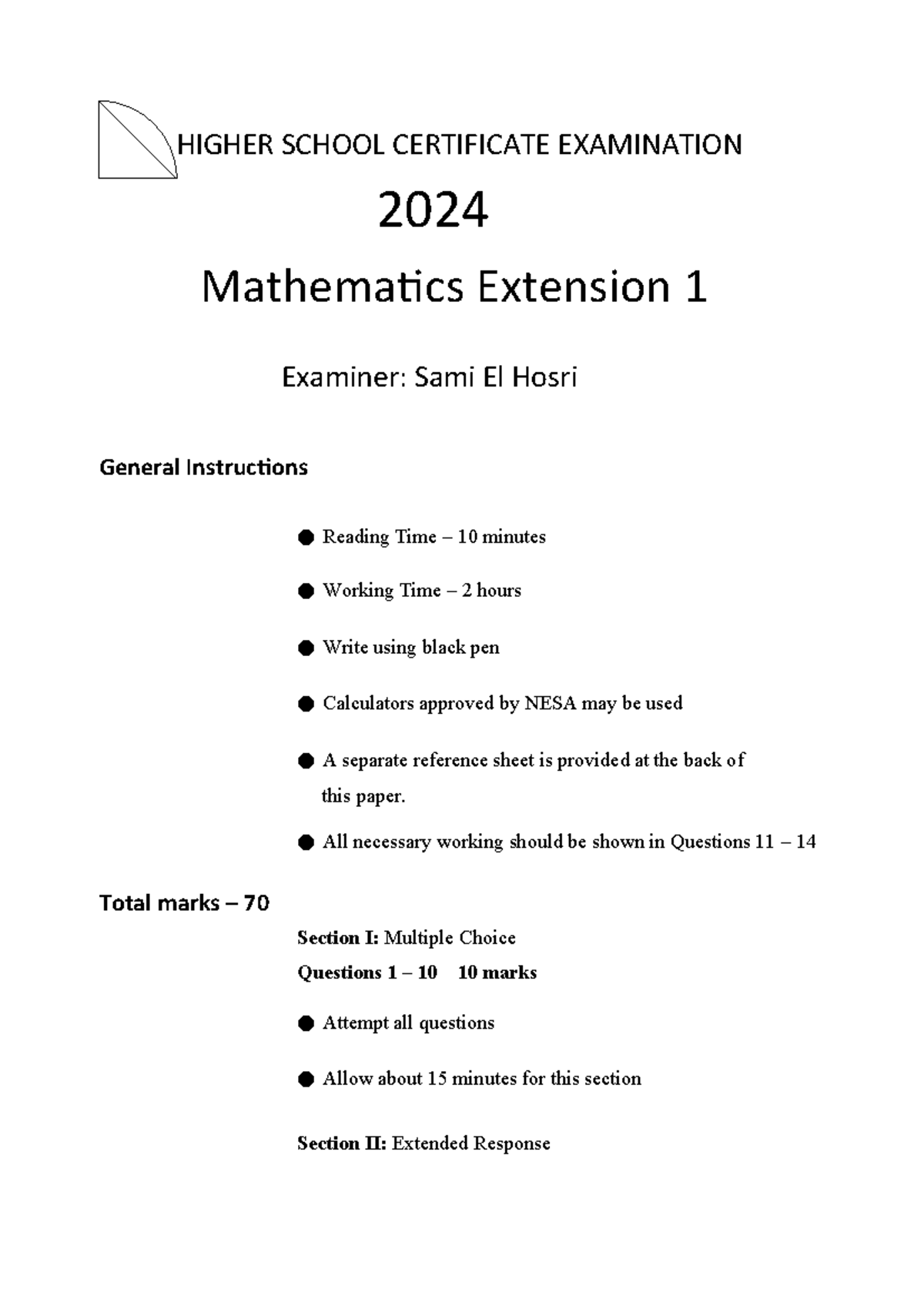 2024 Year 12 HSC Mathematics Ext 1 Exam Paper Guide - Studocu