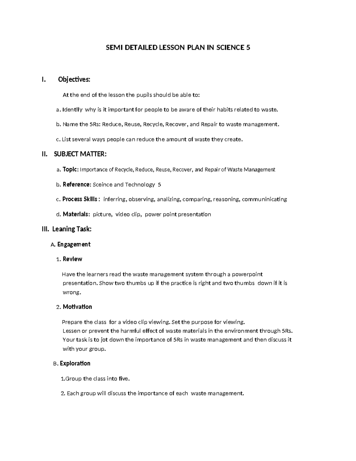 SEMI DETAILED LESSON PLAN IN SCIENCE 5: FOCUS ON 5Rs of Waste ...