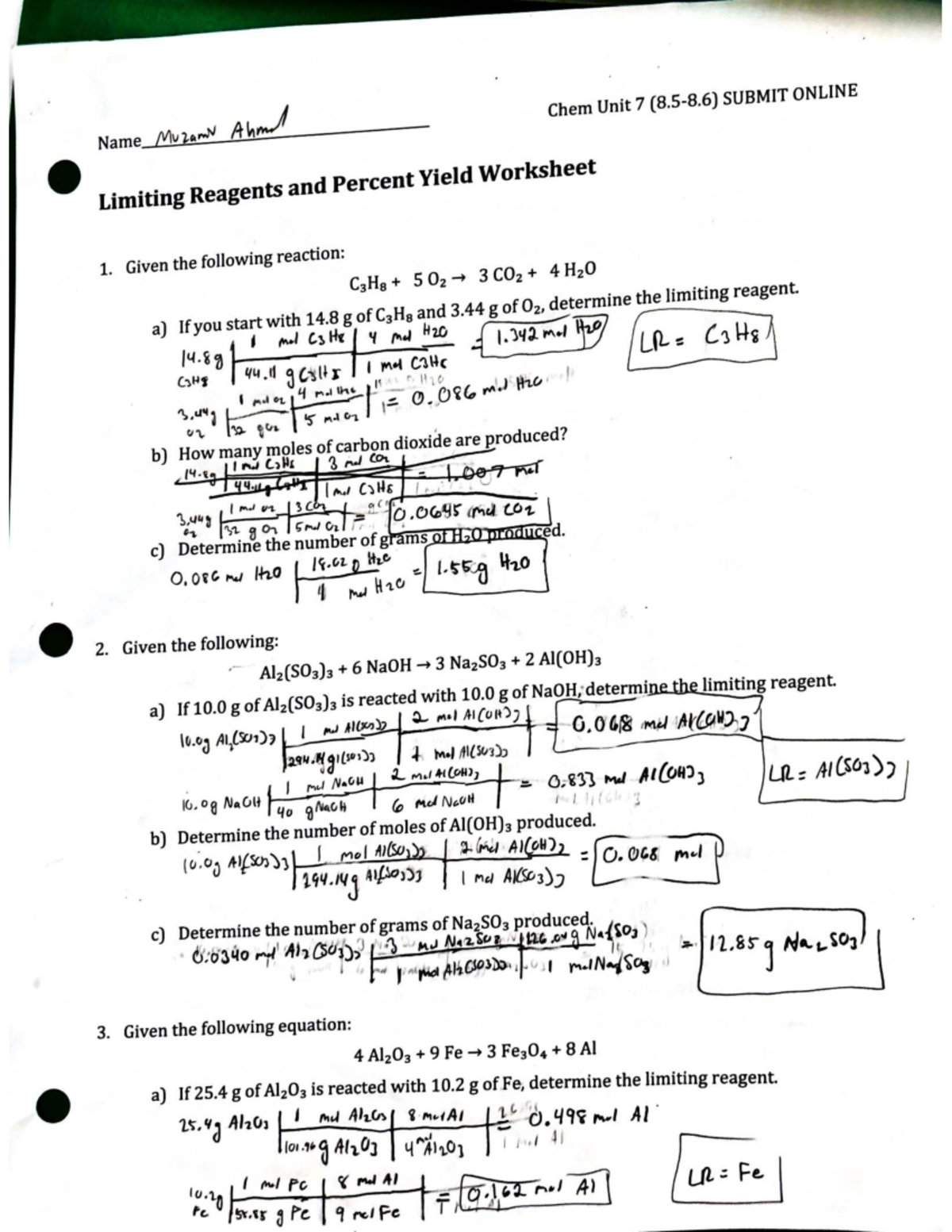 Chem Unit 7: Limiting Reagents & Percent Yield Worksheet - Studocu