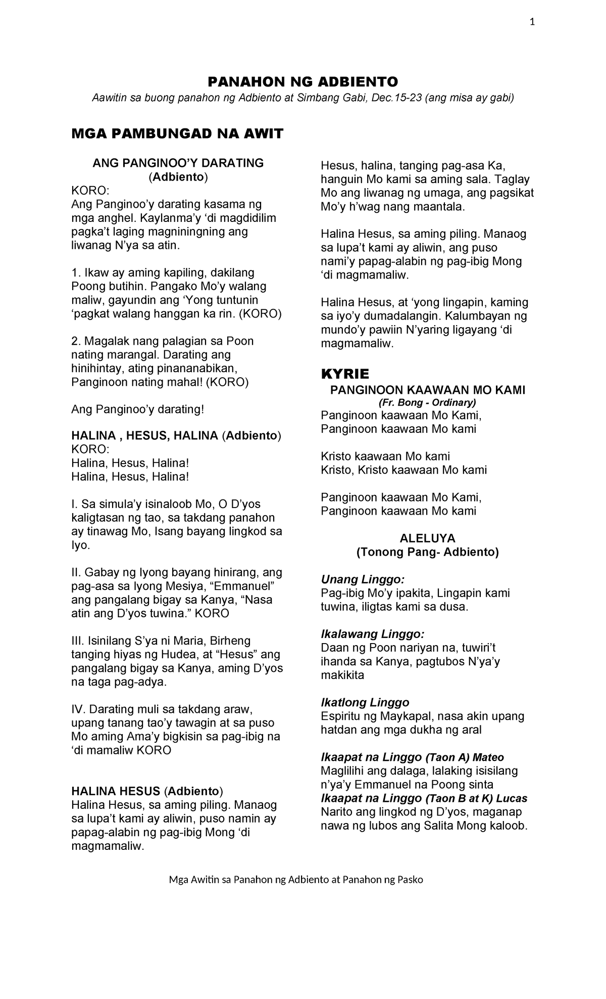 Adbiento at Pasko: Mga Awit at Himig para sa Panahon 2019 - Studocu