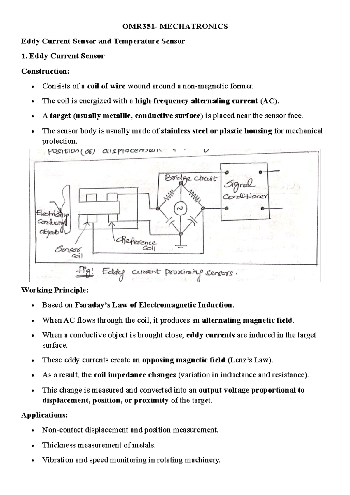 OMR351 Final Exam Notes: Eddy Current & Temperature Sensors - Studocu