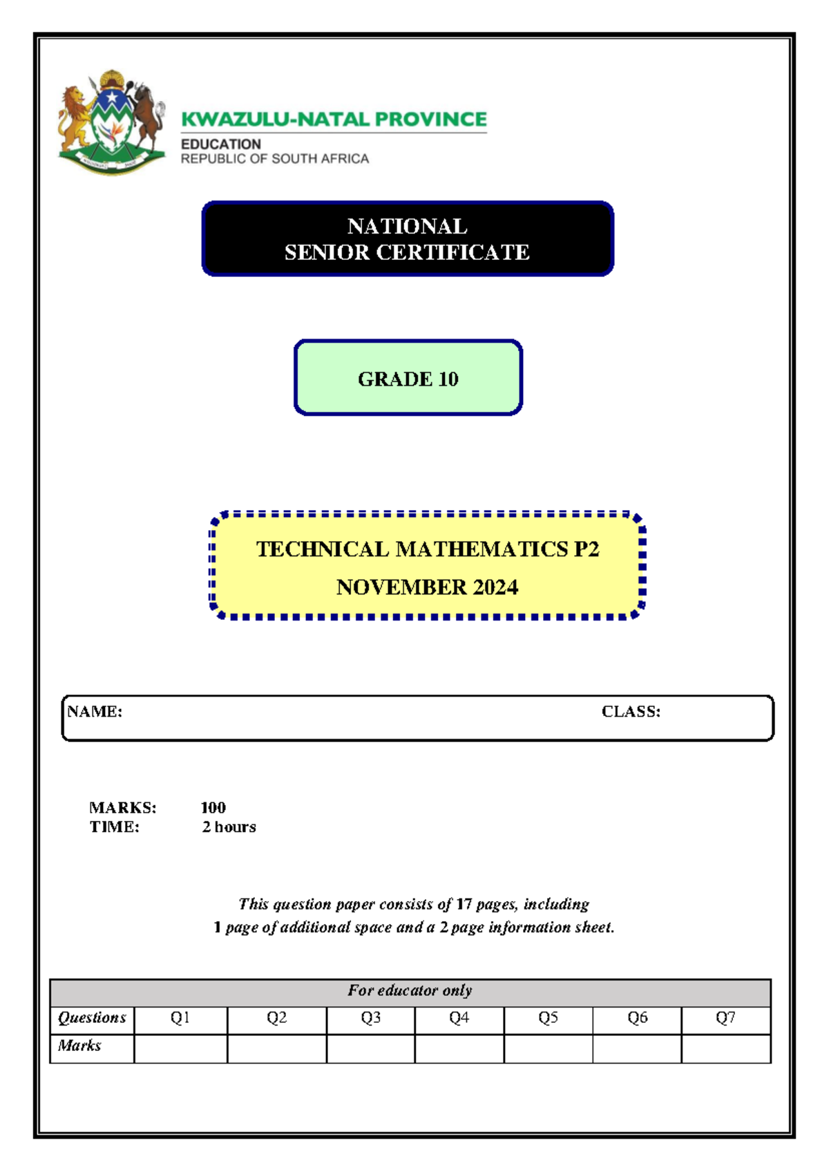 KZN Gr. 10 Technical Mathematics P2 Exam November 2024 - Studocu