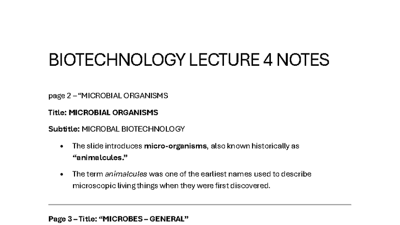 BIOTECHNOLOGY LECTURE 4 NOTES: MICROBIAL ORGANISMS & BIOTECH - Studocu