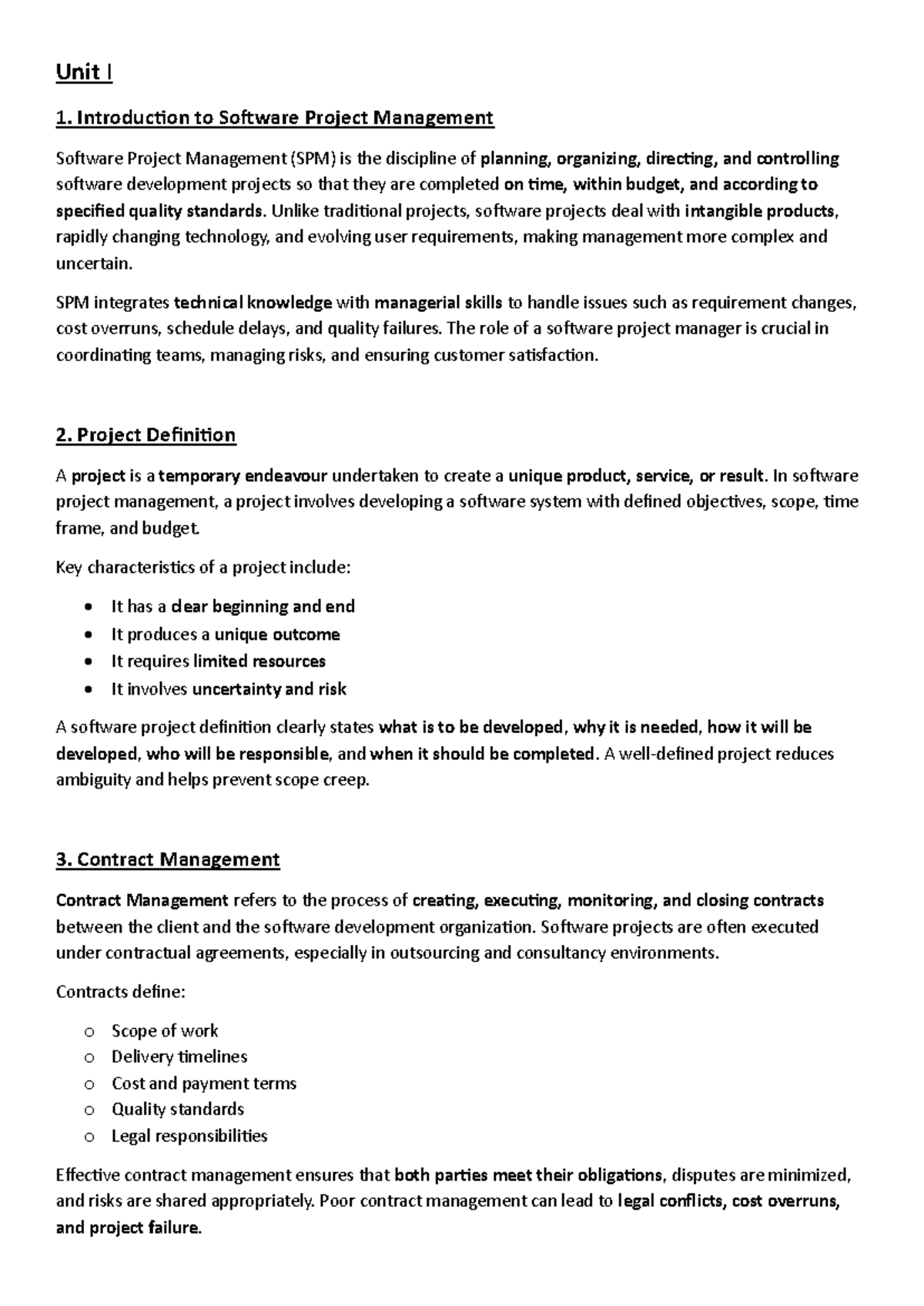 Project Management Notes: Unit I & II Overview of SPM Concepts - Studocu