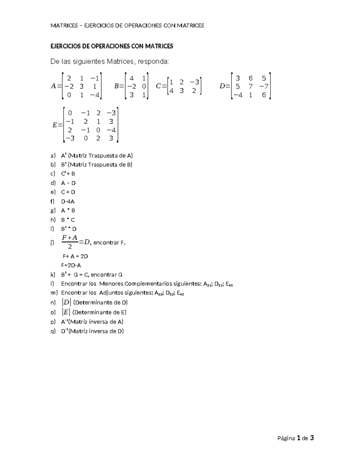 Ejercicios de Operaciones con Matrices - Matemáticas 101 - Studocu