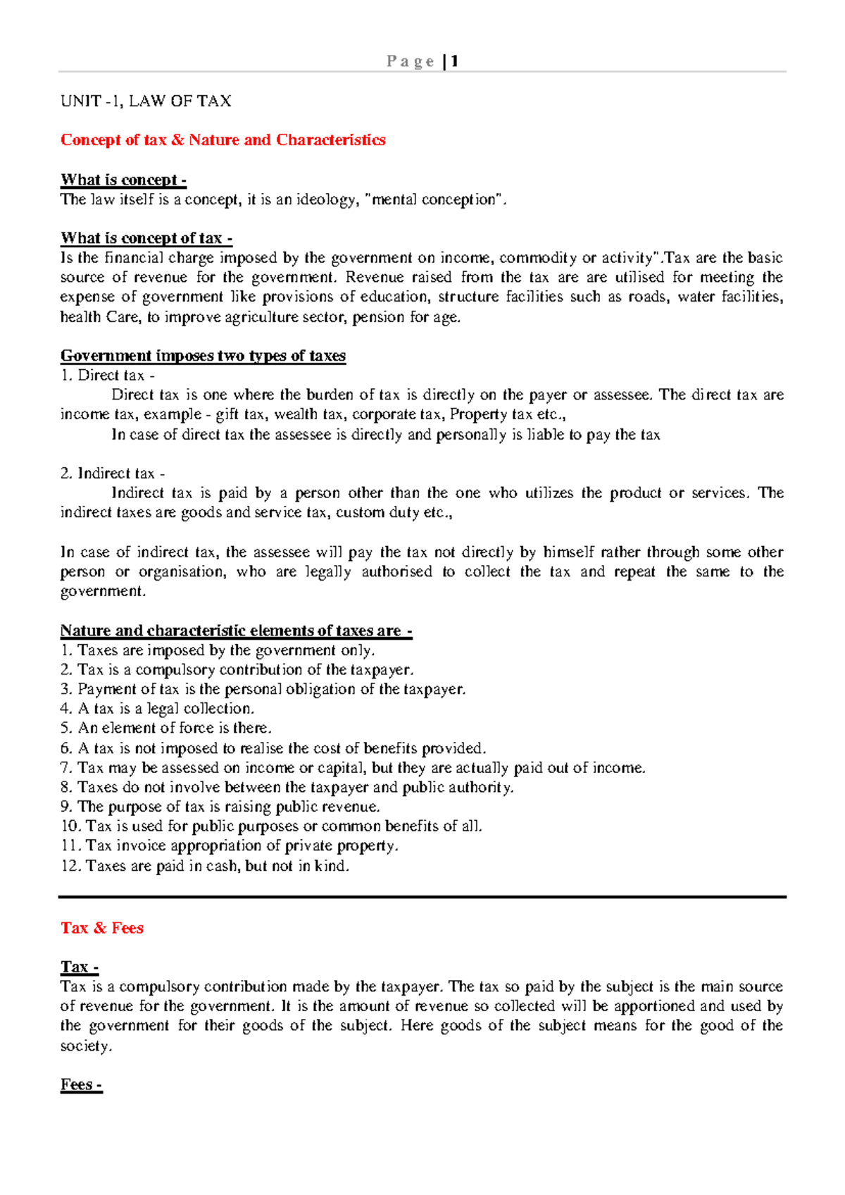 UNIT - 1: Introduction to the Law of Taxation and Its Characteristics ...