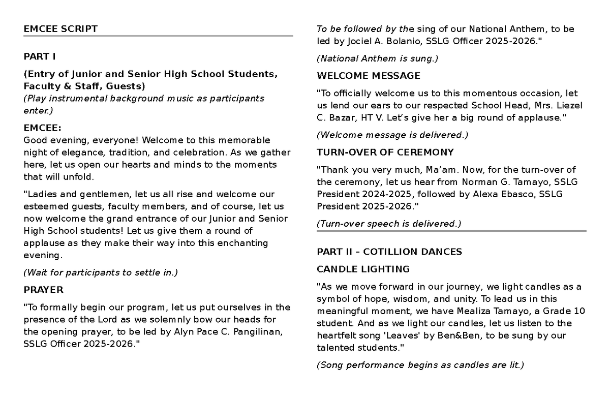 Emcee Script for Junior and Senior High School Celebration Event - Studocu