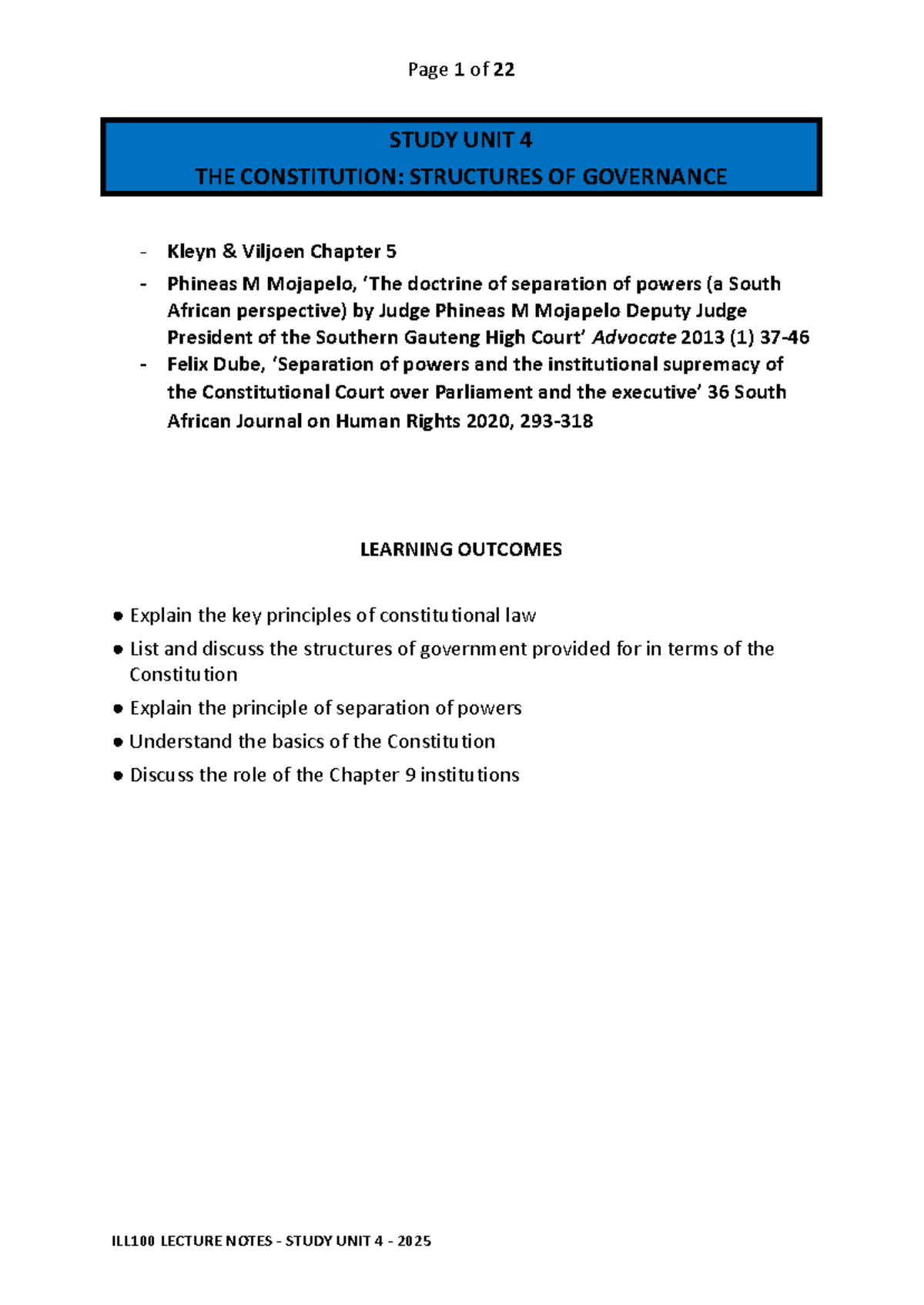 ILL100 Lecture Notes: Study Unit 4 - The Constitution & Governance ...