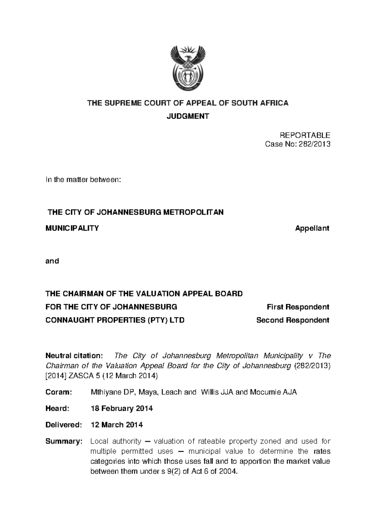 City of Johannesburg v Valuation Appeal Board (Case 282/2013 ...