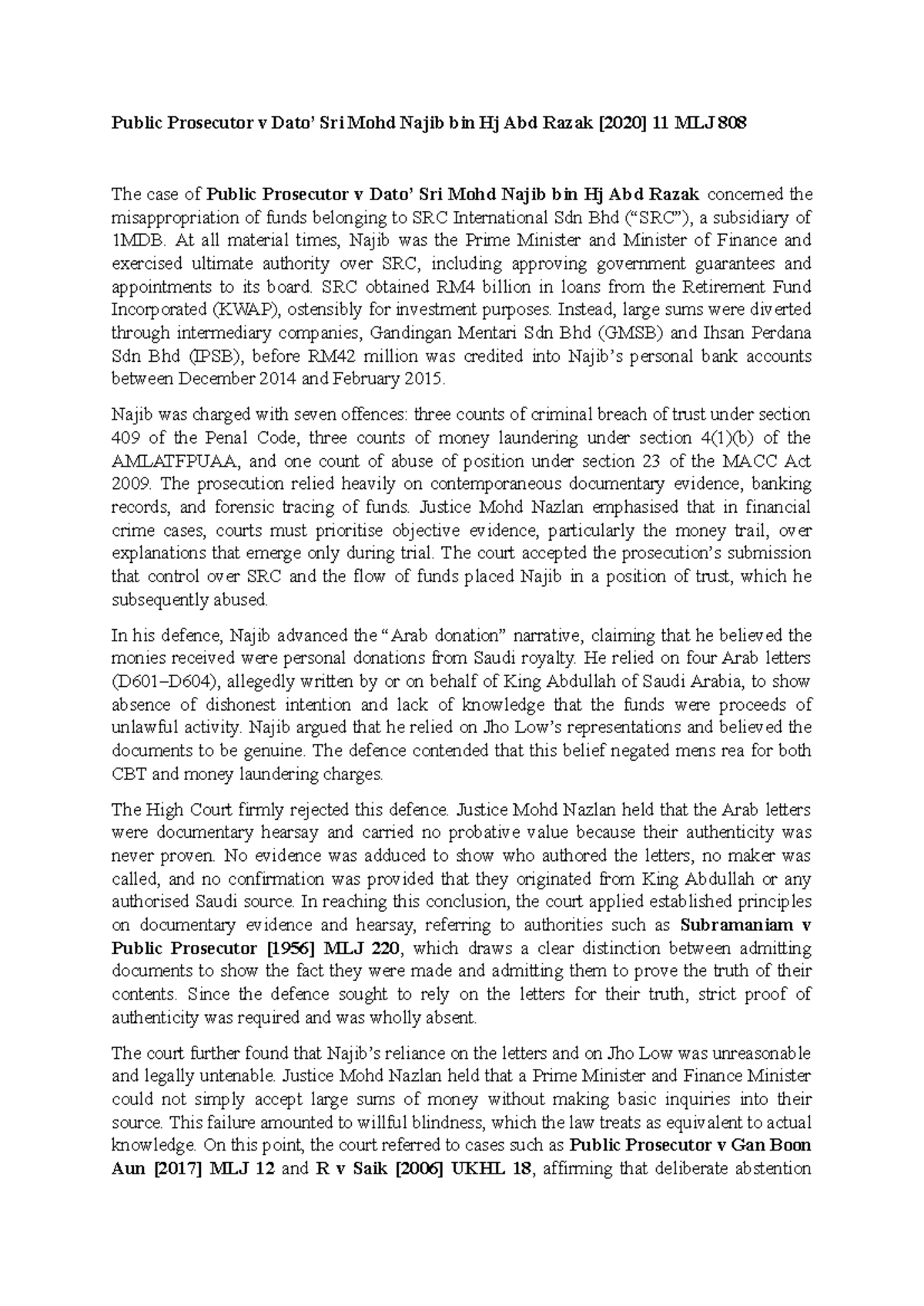 Brief Summary of Public Prosecutor v Dato’ Sri Mohd Najib [2020] 11 MLJ ...