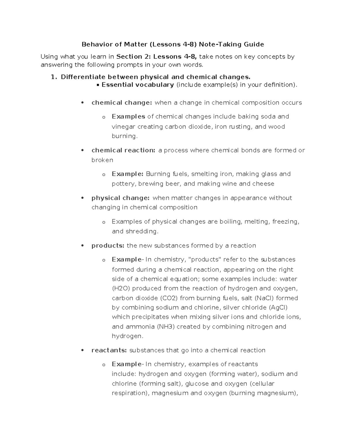 Behavior of Matter: Note-Taking Guide for Lessons 4-8 - Studocu